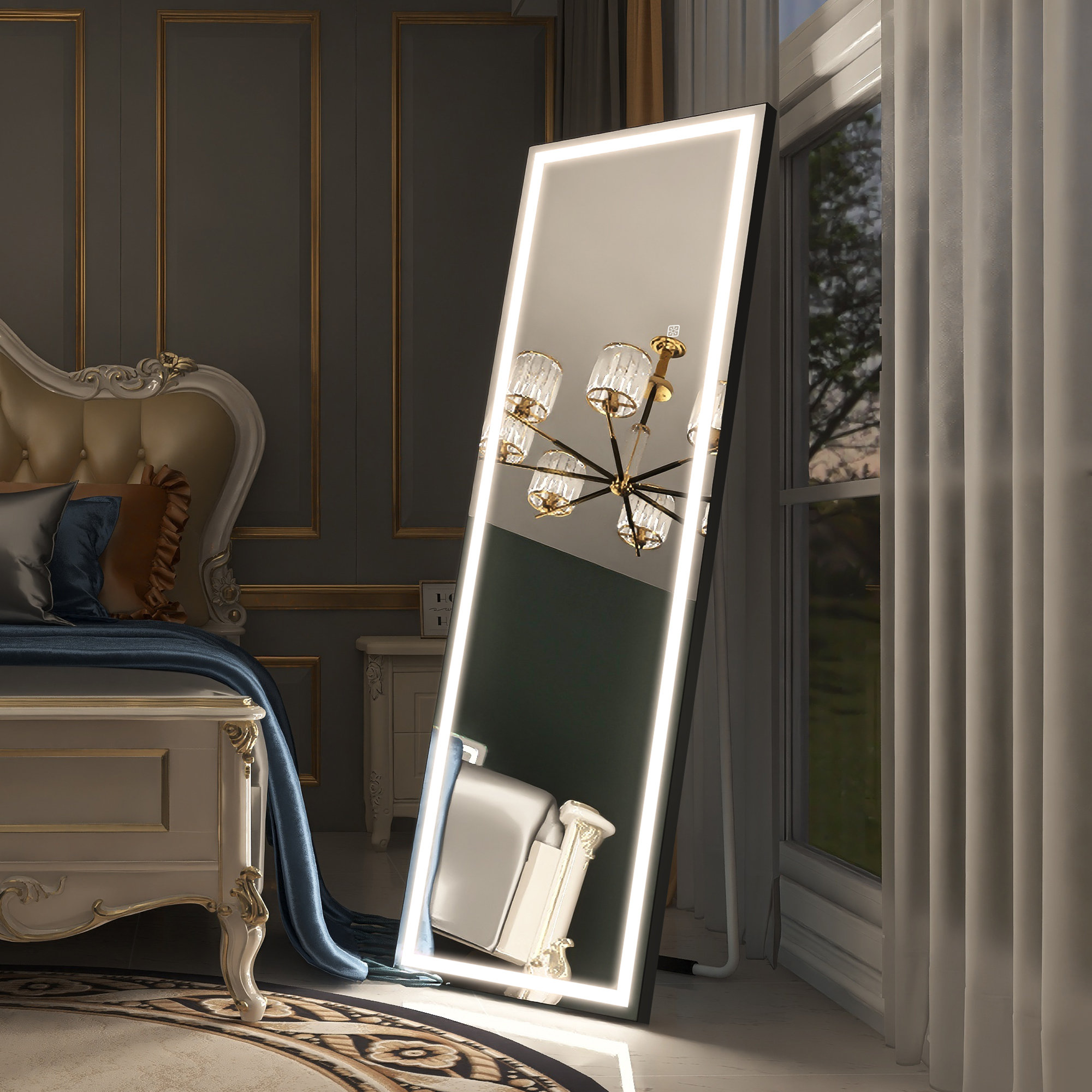 Ivy Bronx Black Frame Led Full Length Mirror Wall Mounted Lighted Floor ...