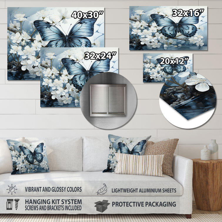 Gracie Oaks Blue White Butterfly Reflection - Animals Metal Wall Art ...