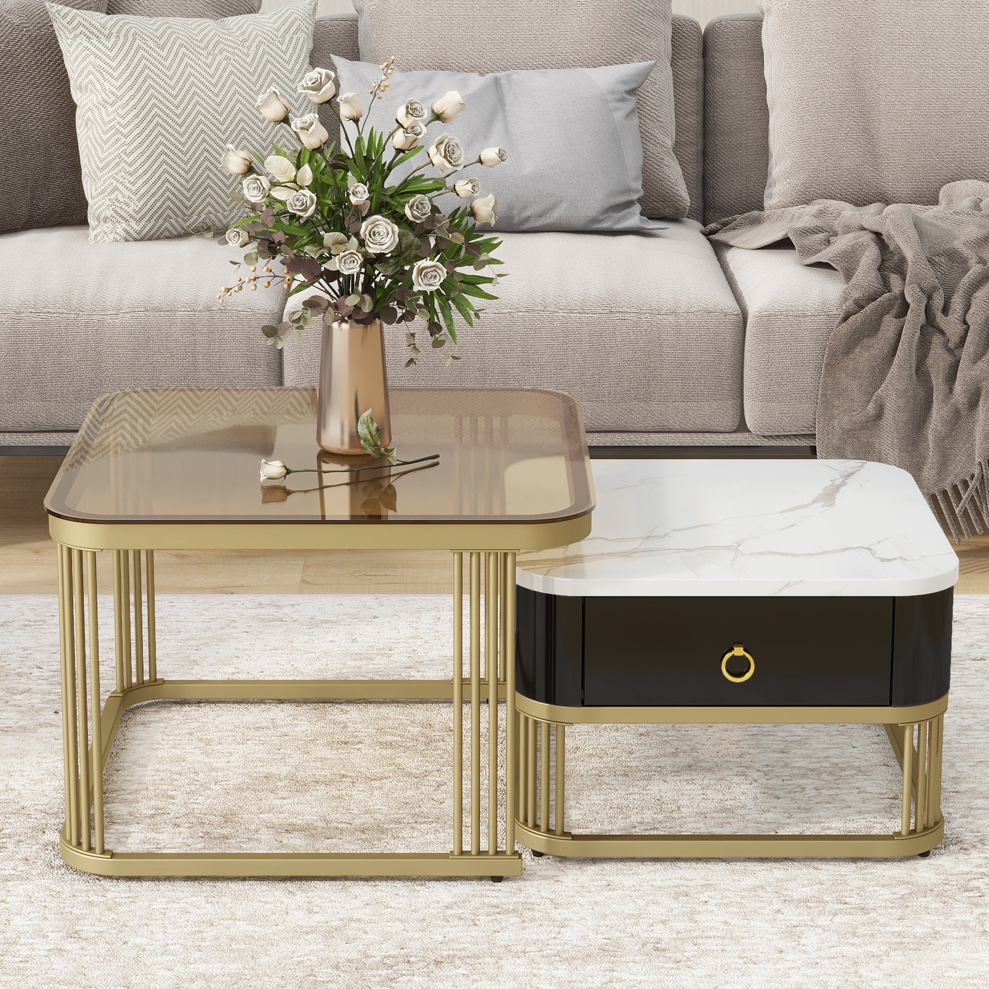 Mercer41 Nesting Coffee Table with Drawer, Set of 2, Exquisite Square ...