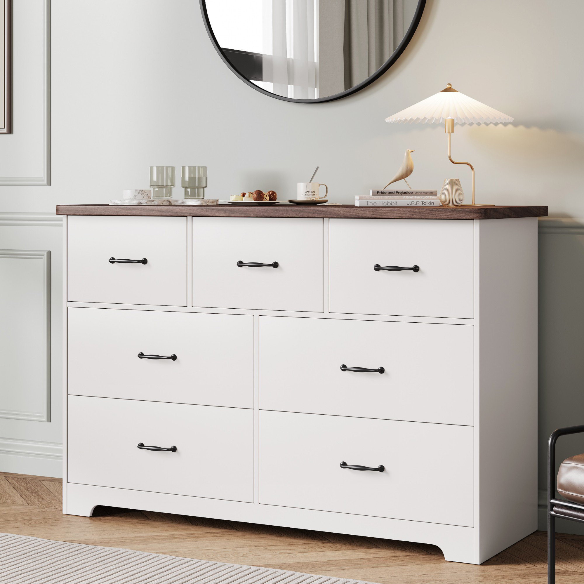 Gracie Oaks Rotan Modern 7-Drawer Double Dresser, Light Wood Chest of ...