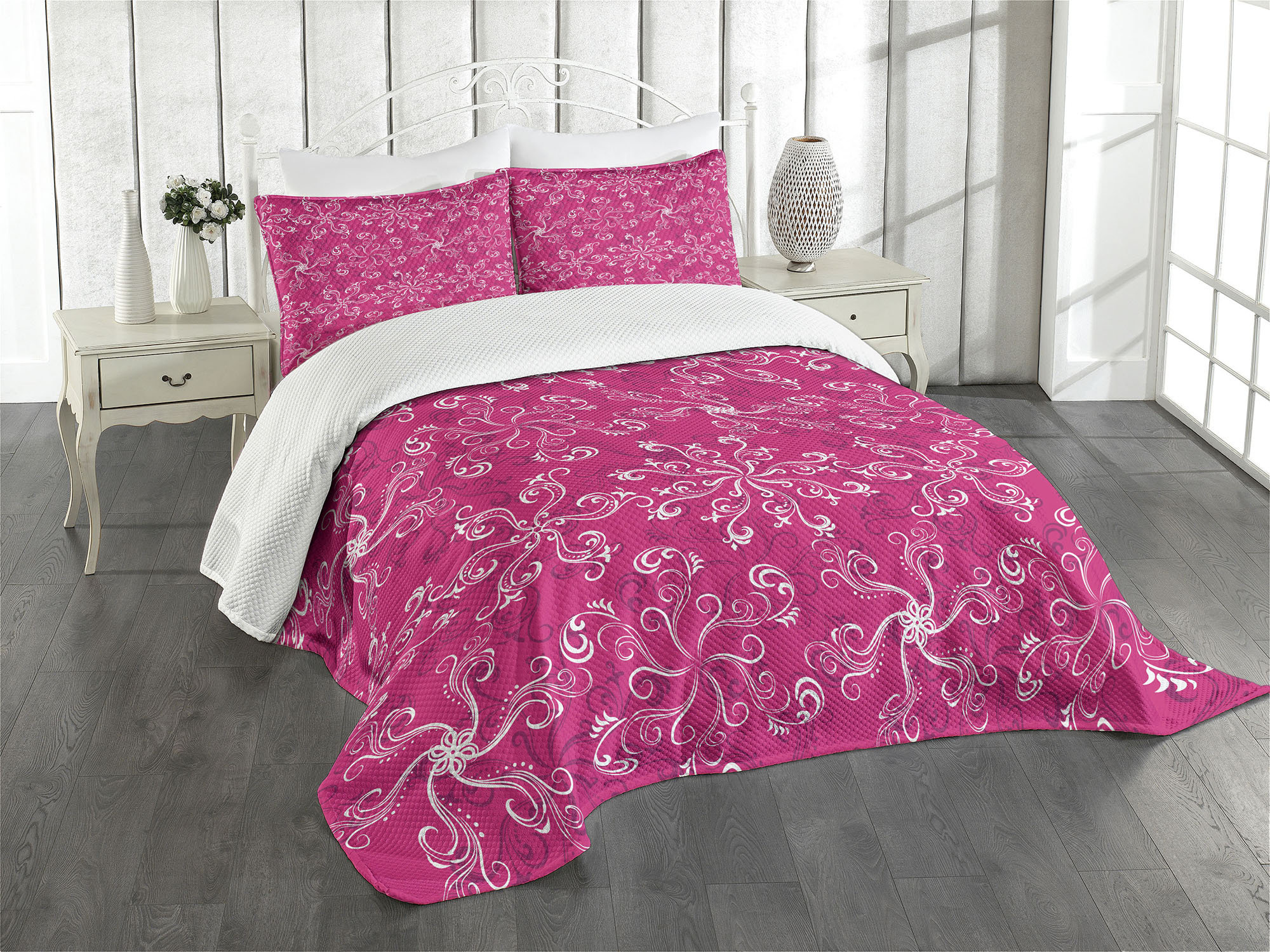 Ambesonne Hot Pink Bedspread Set Spring Flourish Bloom Hot Pink White ...