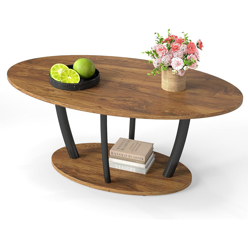 George Oliver Rustic Small Oval Coffee Table With Shelf – Narrow Retro ...