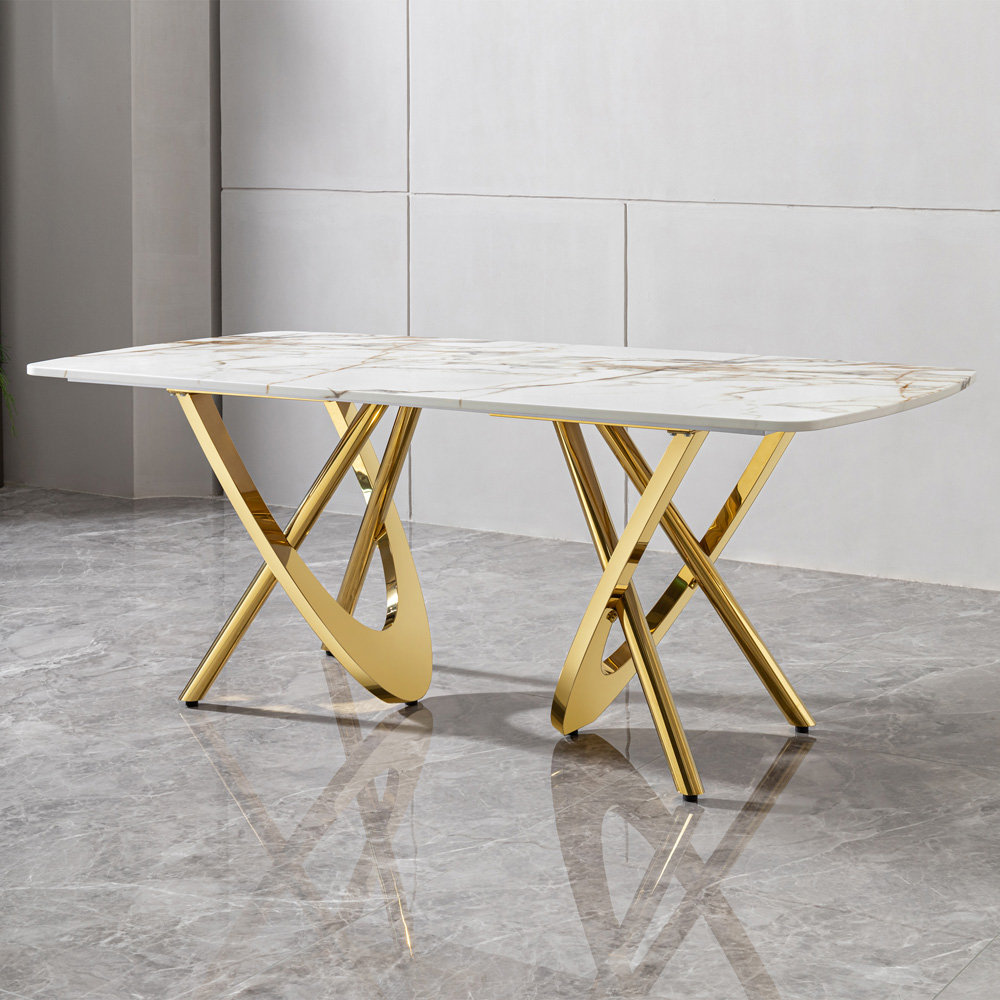 Everly Quinn MDF Marble Pattern Dining Table With Gold Stainless Steel ...
