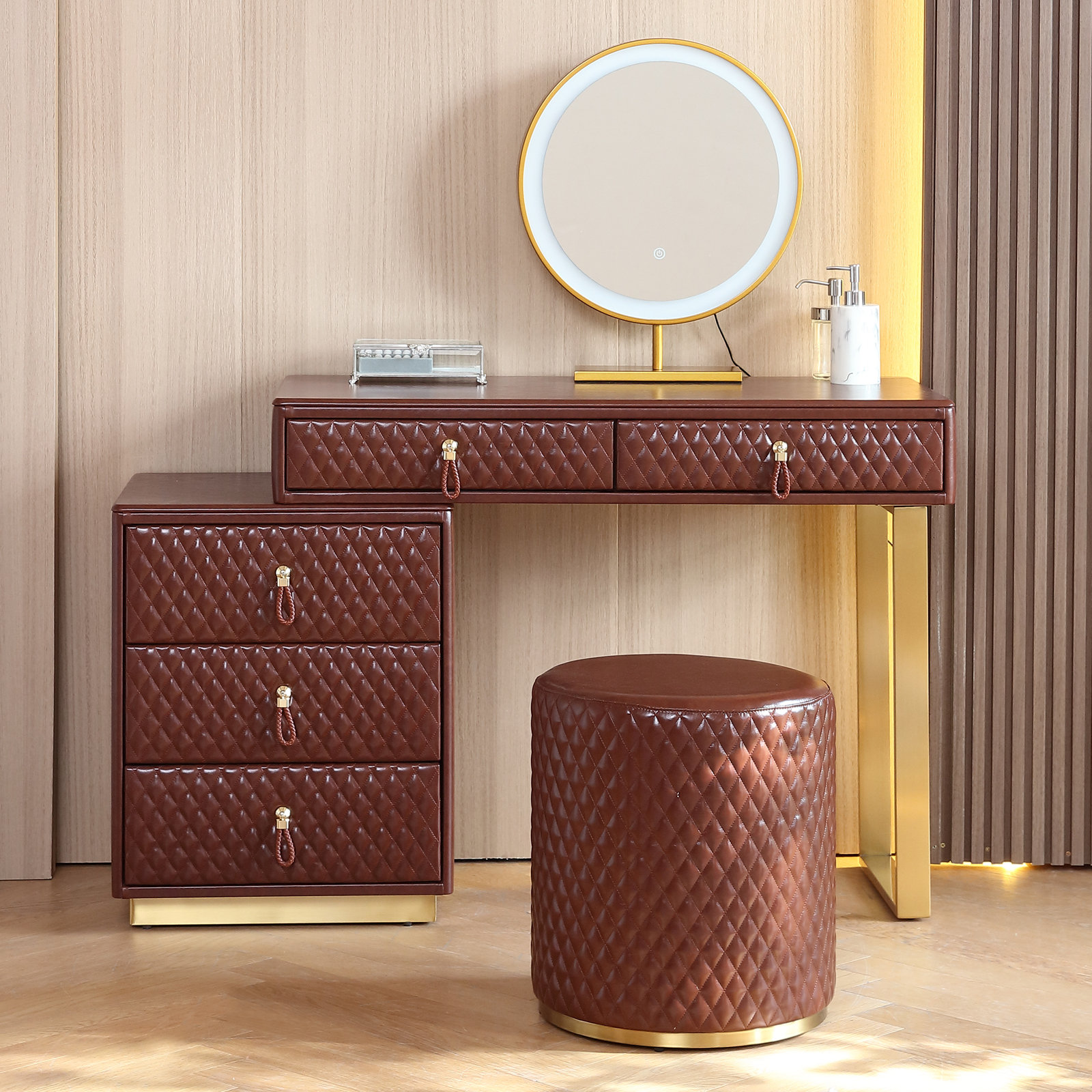 Mercer41 Oil Wax Leather Chic Makeup Table and Vanity Stool Set Premium ...