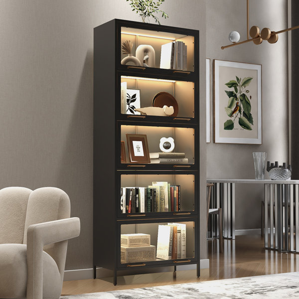Corrigan Studio® 78.75'' Tall Iron Bookcase With Glass Doors And LED ...