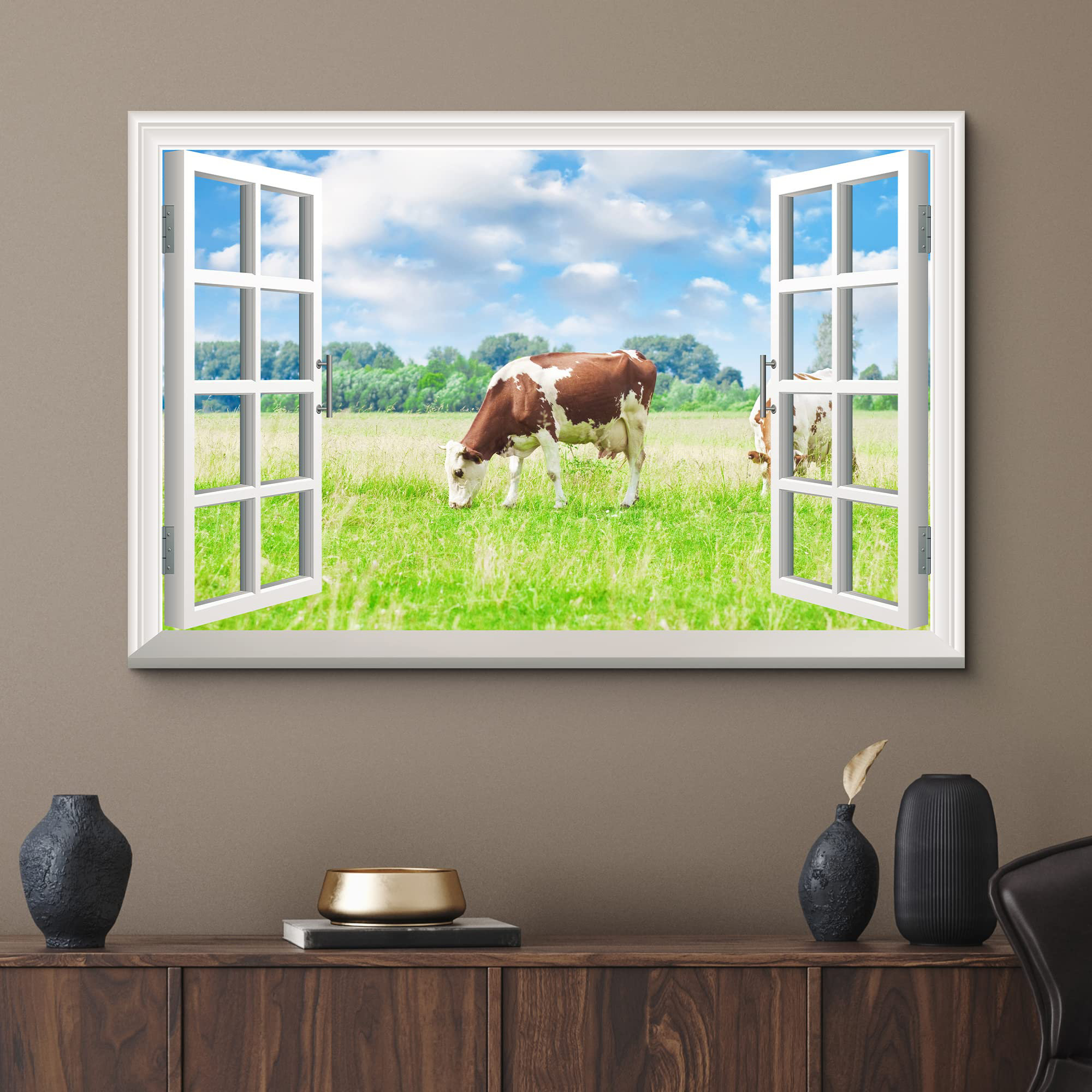 IDEA4WALL Window View of Spotted Brown Cow Duo Nature Landscape ...