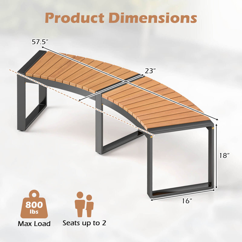 Ebern Designs Backless 2-Person Patio Curved Bench with Slatted Seat ...