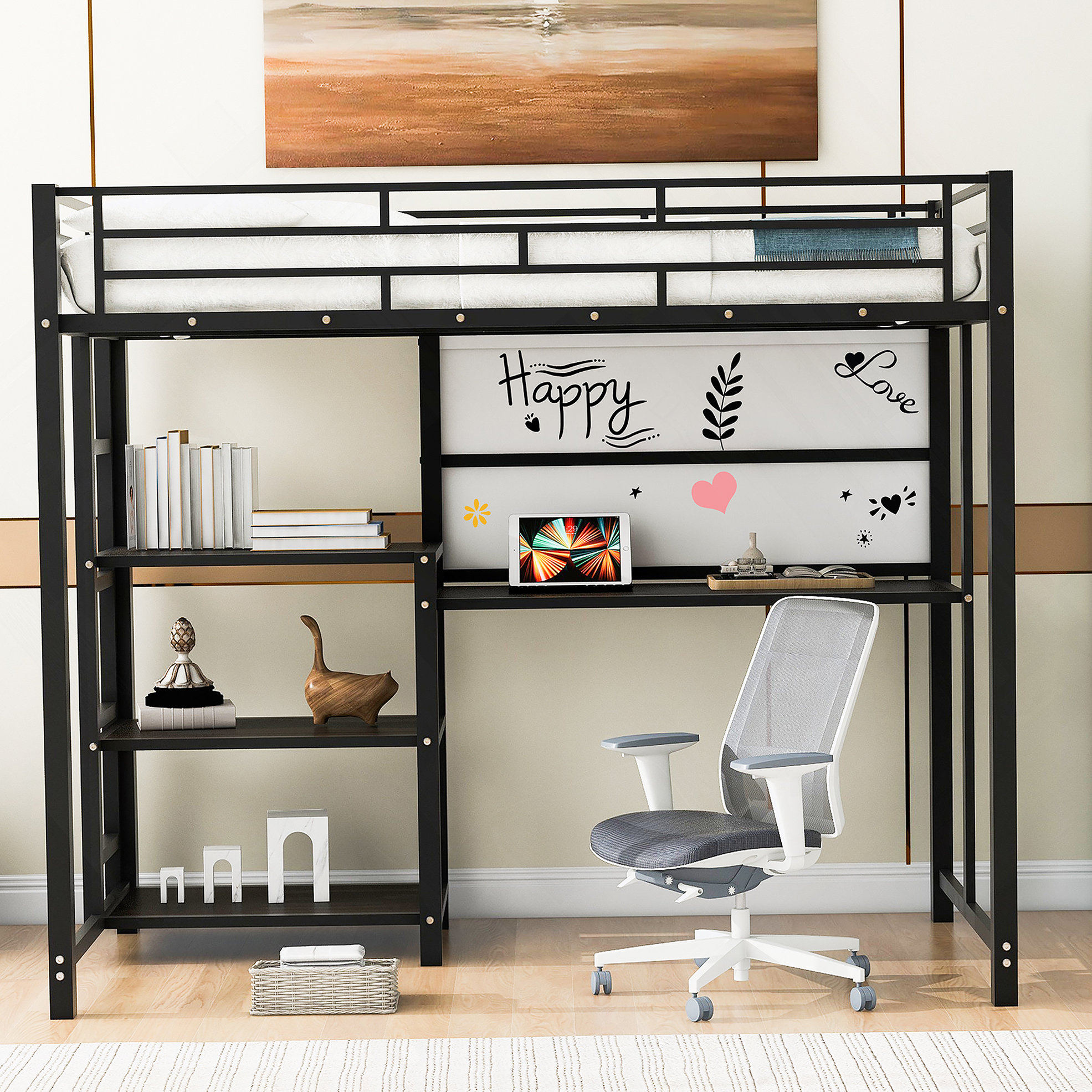 Ivy Bronx Loft Bed With Desk And Boardmetal Loft Bed With Shelves And ...