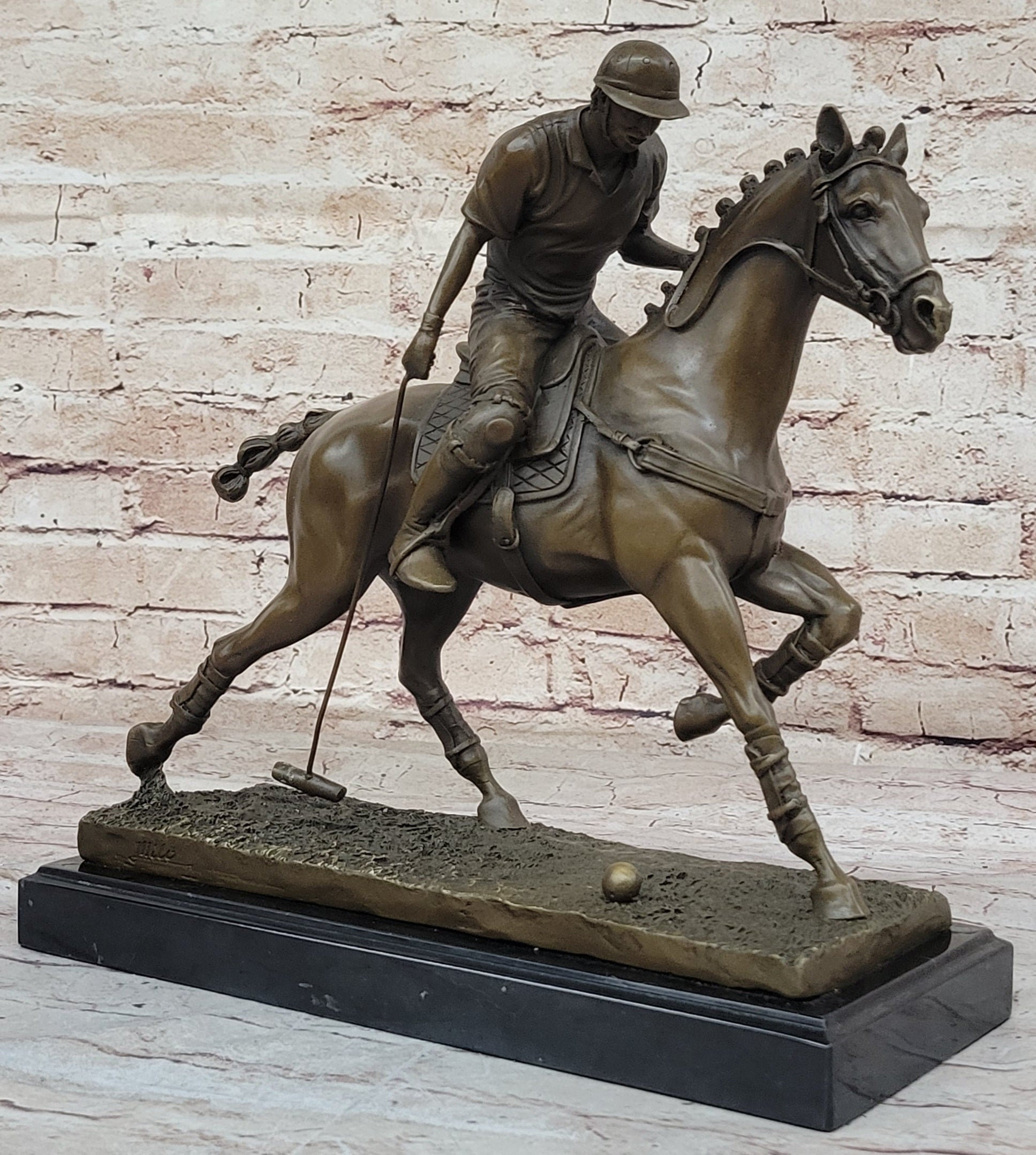 Charlton Home® Draedyn Jockey Polo Player on Horseback Bronze Sculpture ...