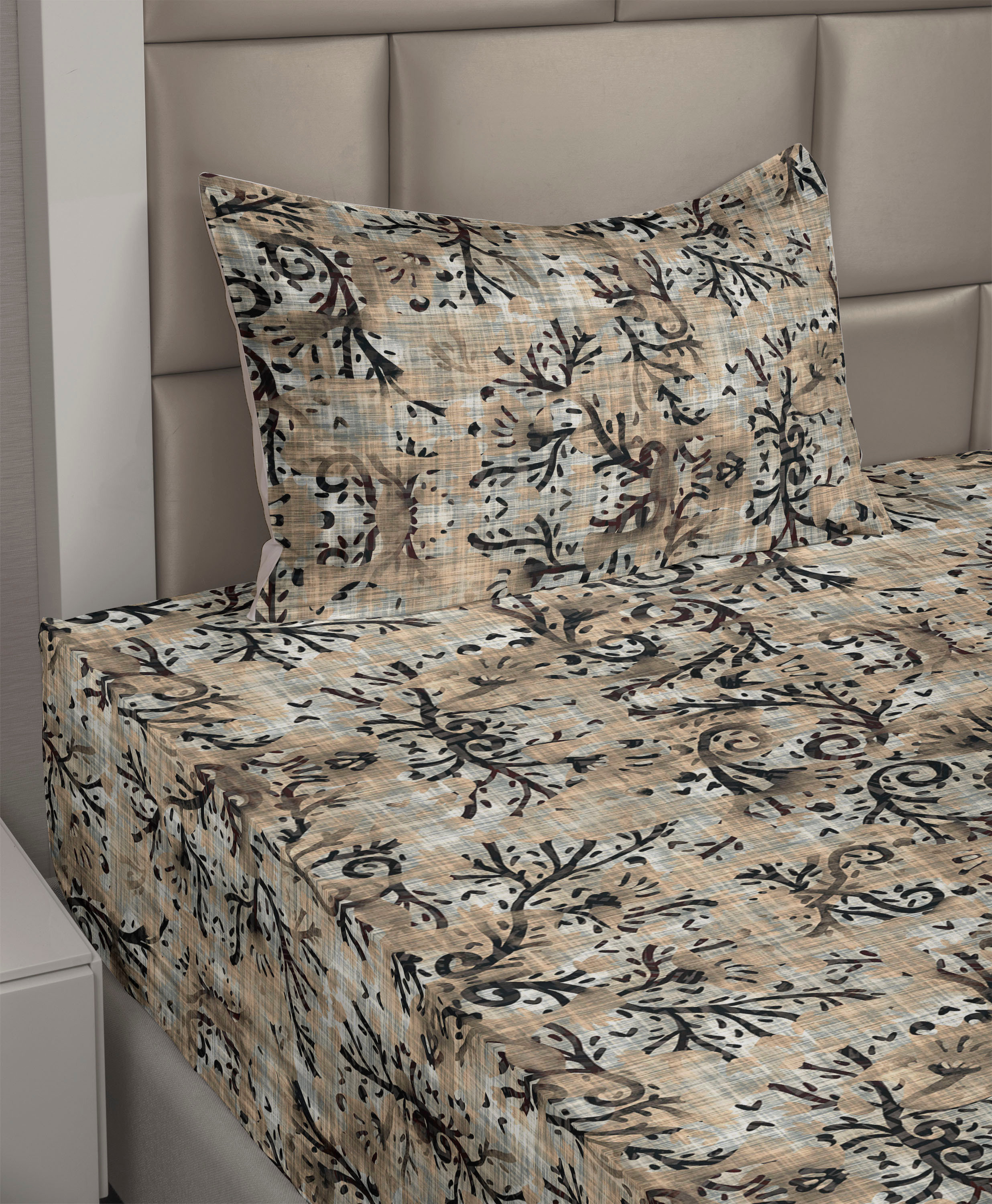 Ambesonne Boho Sheet Set Ethnic Style Branches Folk Art Ecru Dark Brown Sepia | Wayfair