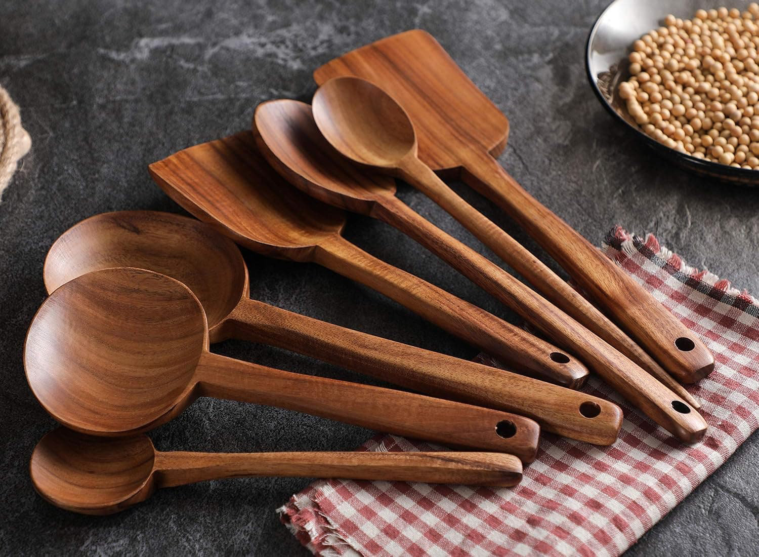 AMBLU 7-Piece Wooden Utensil Set – Extra-long handles for safe cooking ...