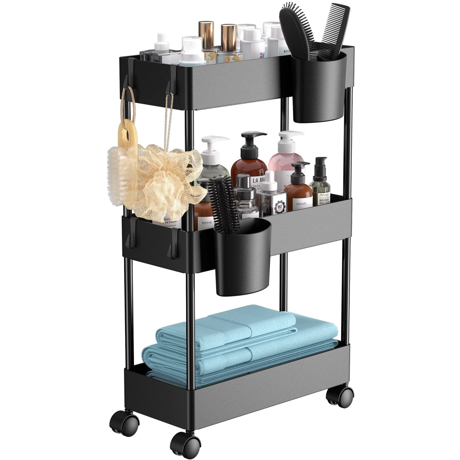 AMADA 3-Tier Utility Cart with Wheels for Kitchen, Bathroom, Laundry ...