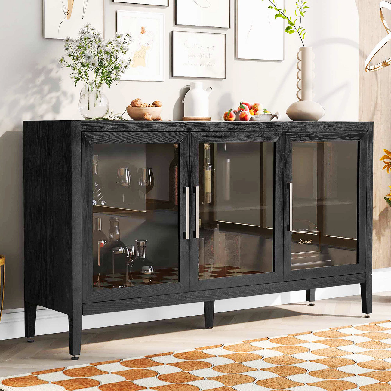 George Oliver Wood Cabinet with Three Tempered Glass Doors and ...