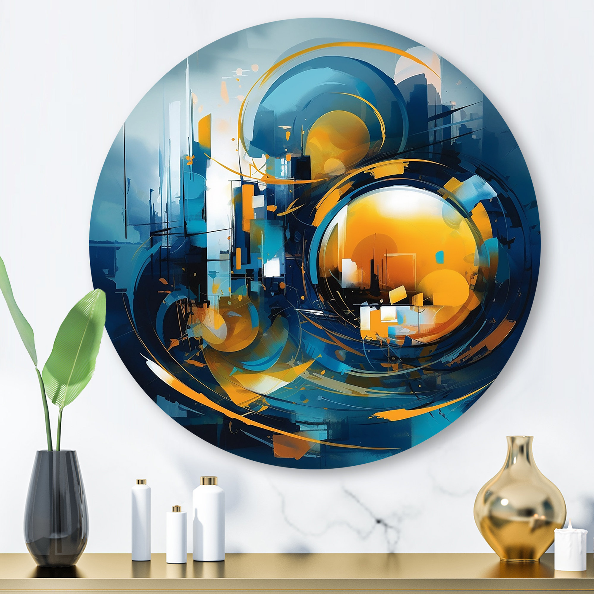 Ivy Bronx Blue And Yellow Fluid Stone I - Abstract Marble Round Metal ...
