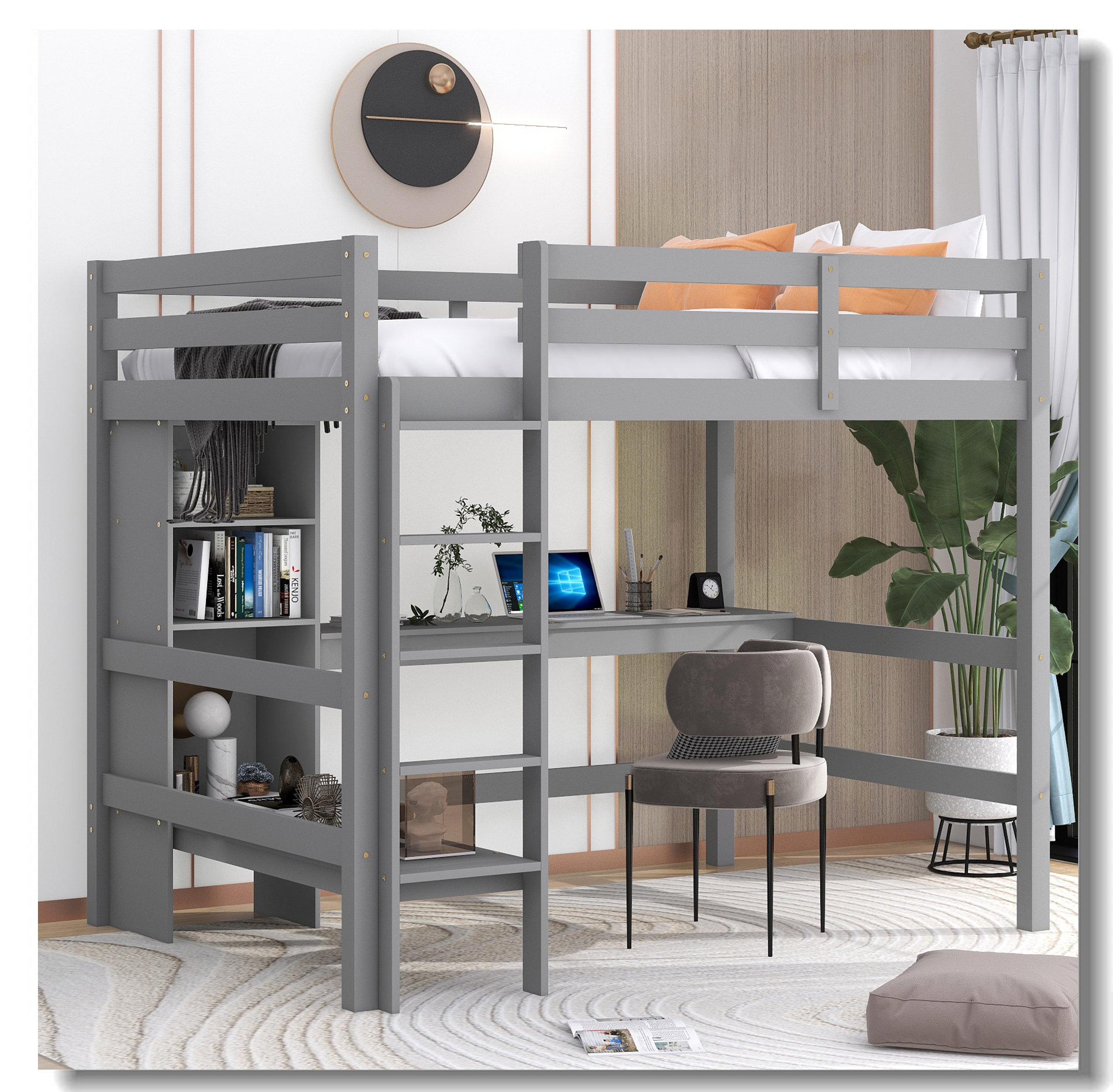 Harriet Bee Full Size Loft Bed With Multifunction Shelves And Under-Bed ...