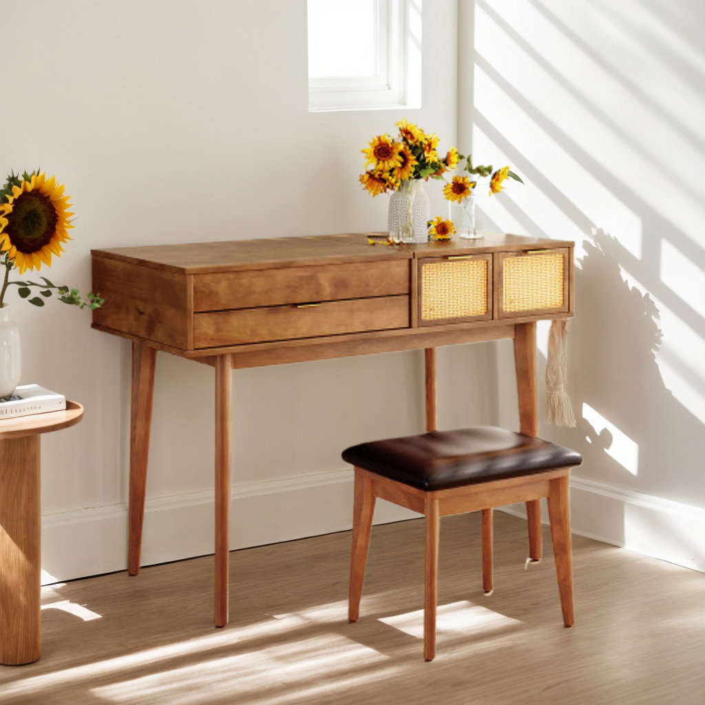 Bay Isle Home™ 43.3" Wood Makeup Vanity Desk With Mirror And Drawers ...