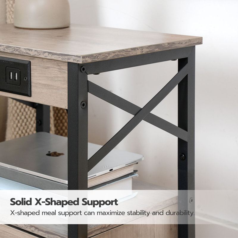 17 Stories 21.5" Iron Nightstand with Storage and Built-In Outlets ...