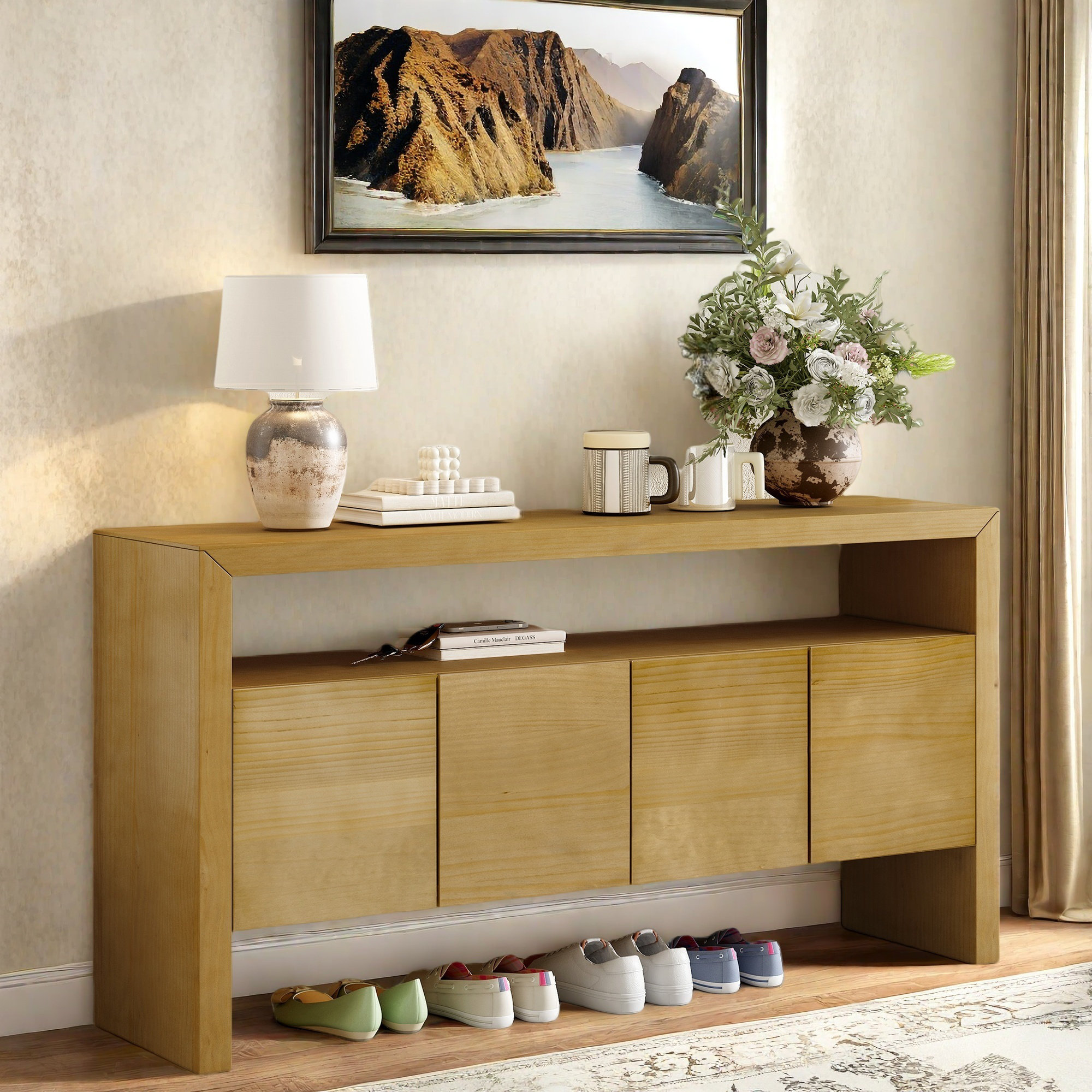 Latitude Run® 4-Door Console Table With Open Shelf And Natural Wood ...