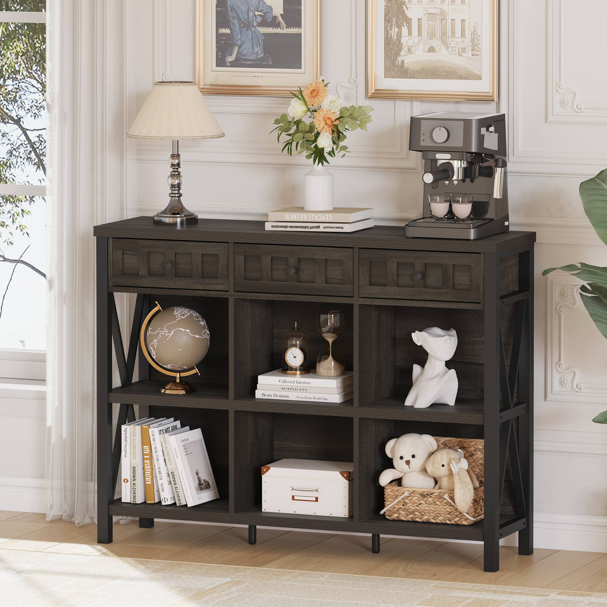 17 Stories Guinna Rustic 6 Cube Storage Organizer With 3 Drawers ...