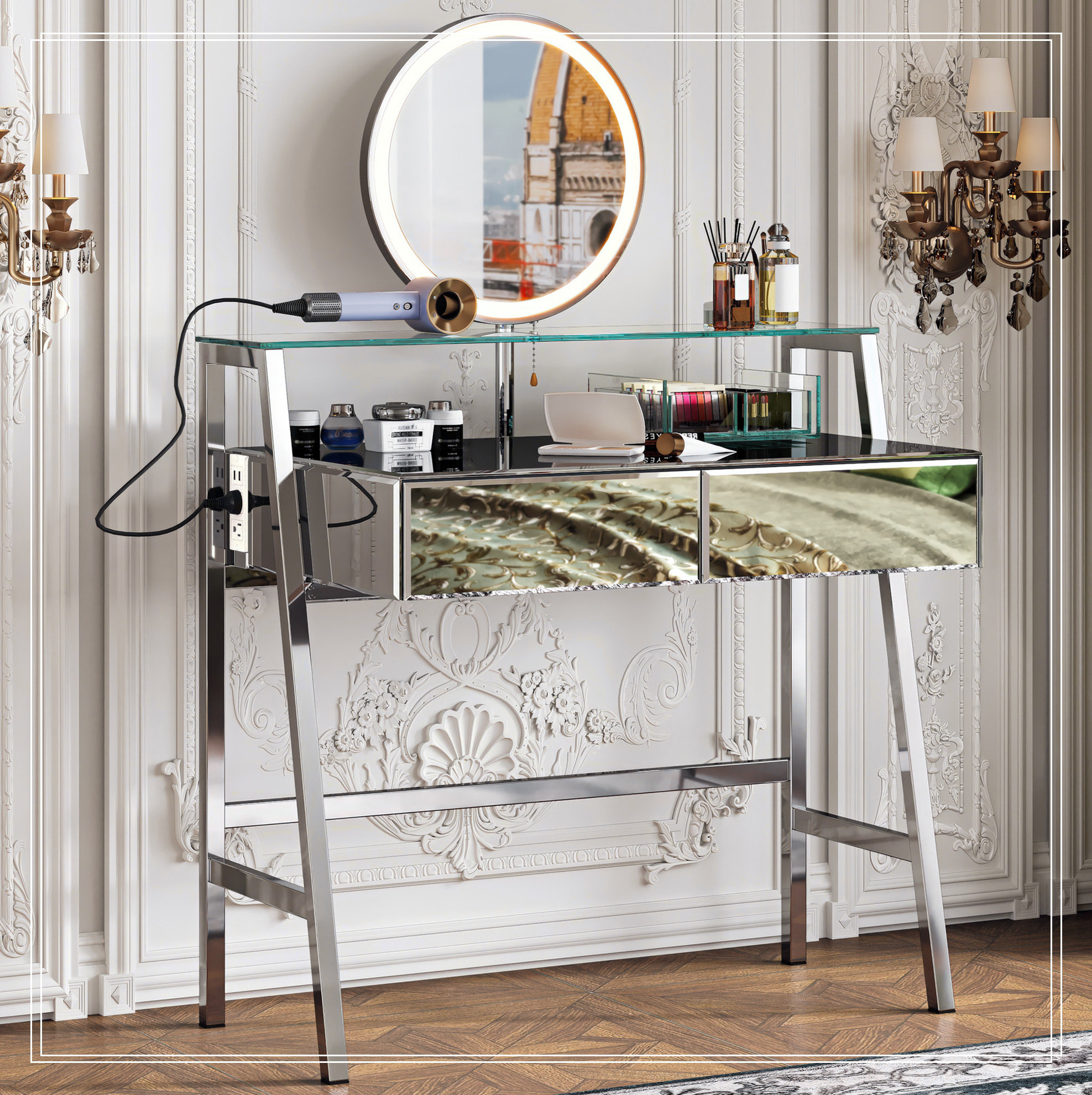 Ivy Bronx Chic Mirrored Makeup Vanity Desk with Storage and Charging ...