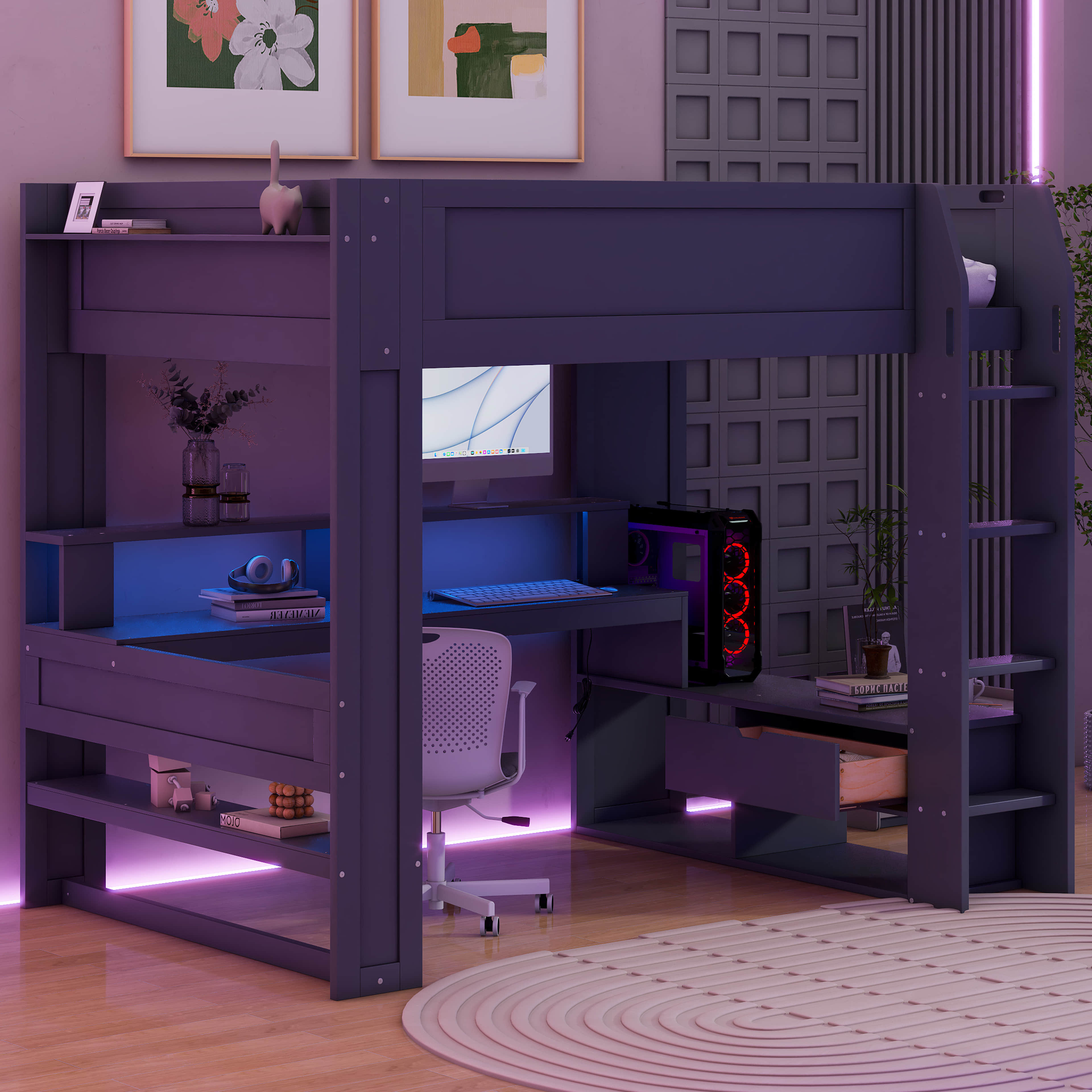 Harriet Bee Wood Gaming Loft Bed with Desk, Shelves, LED and Charging ...