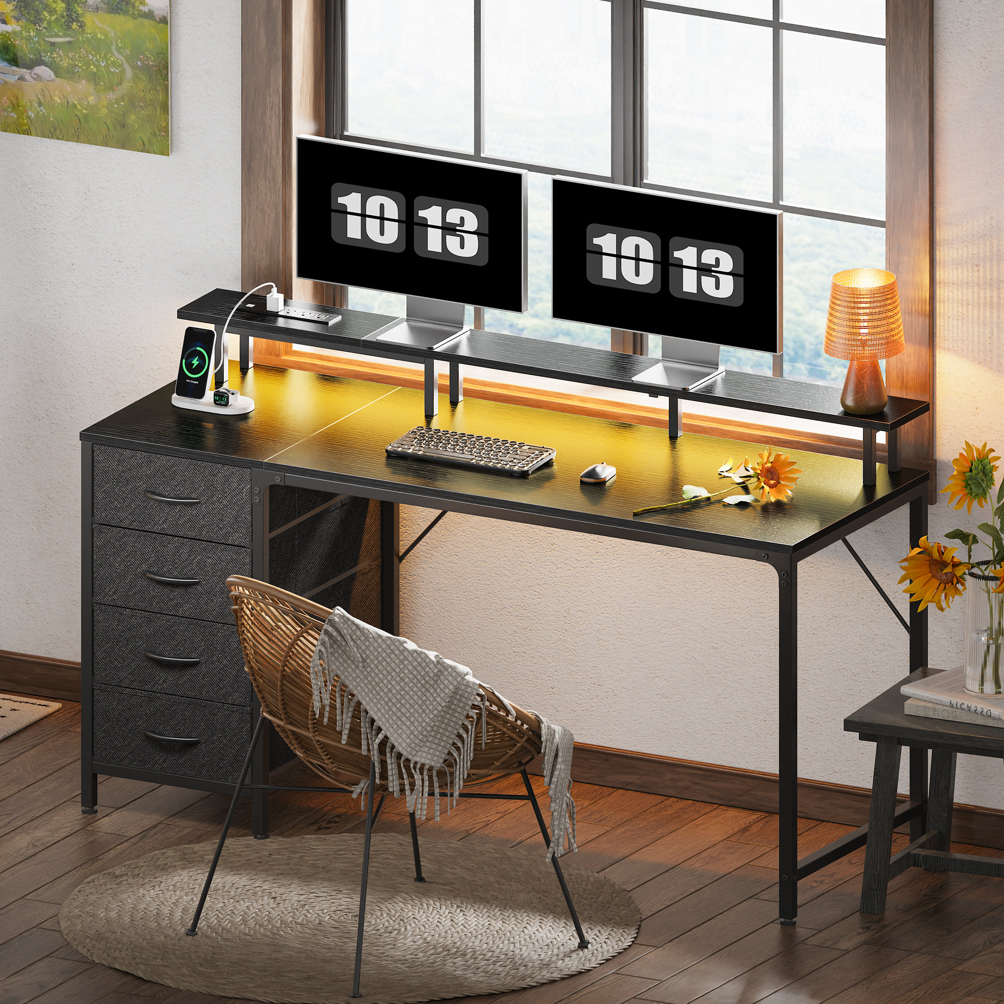 17 Stories Markease 55" Computer Desk with 4 Drawers, Gaming Desk with ...