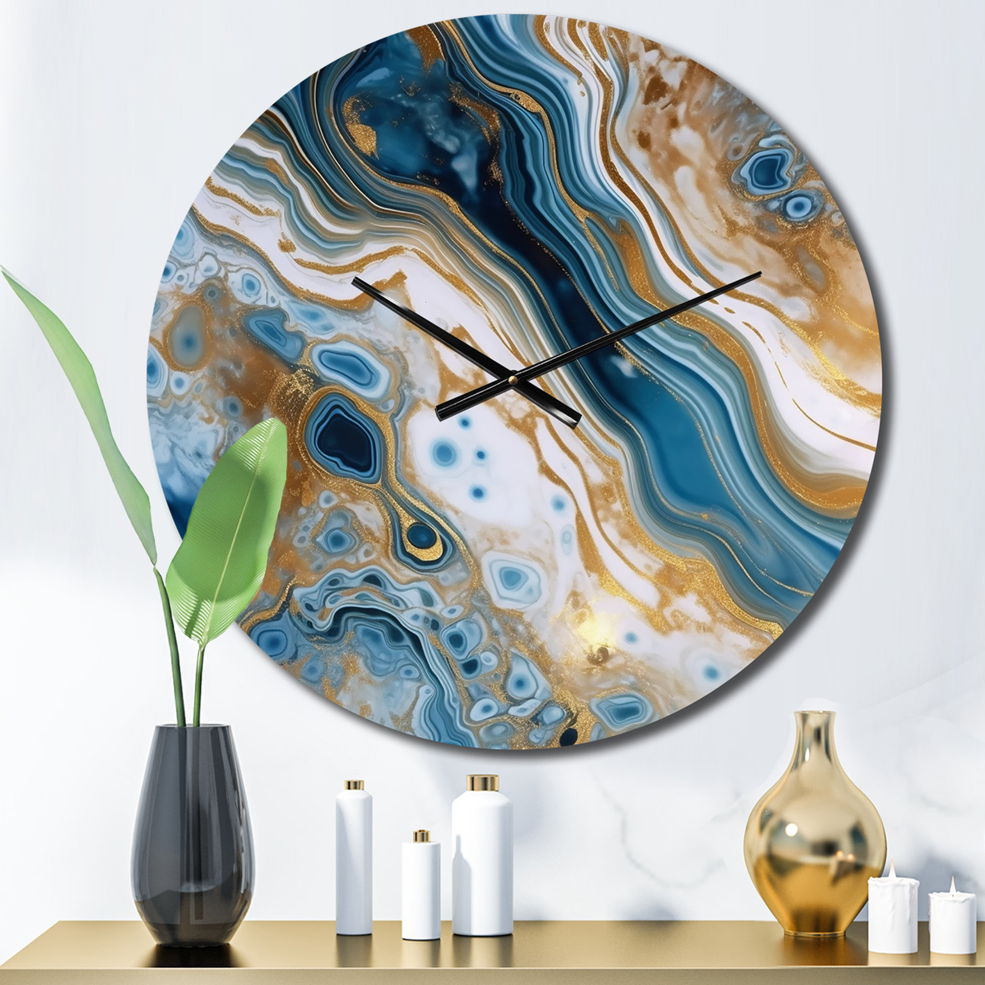 Design Art Blue And White Marble Dreams Metal Wall Clock | Wayfair