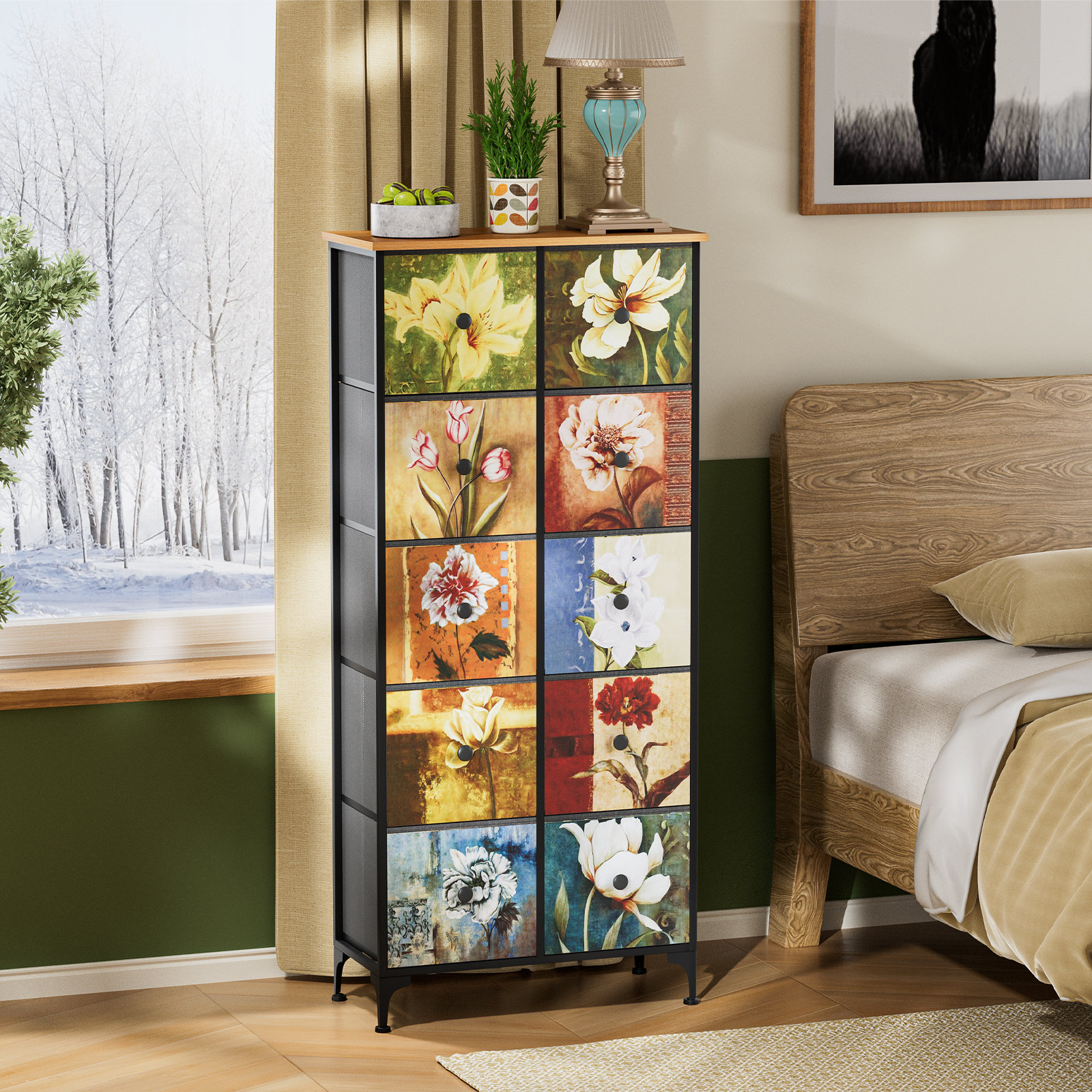 Ebern Designs Dresser for Bedroom with 10 Flower Pattern Drawers, Tall ...