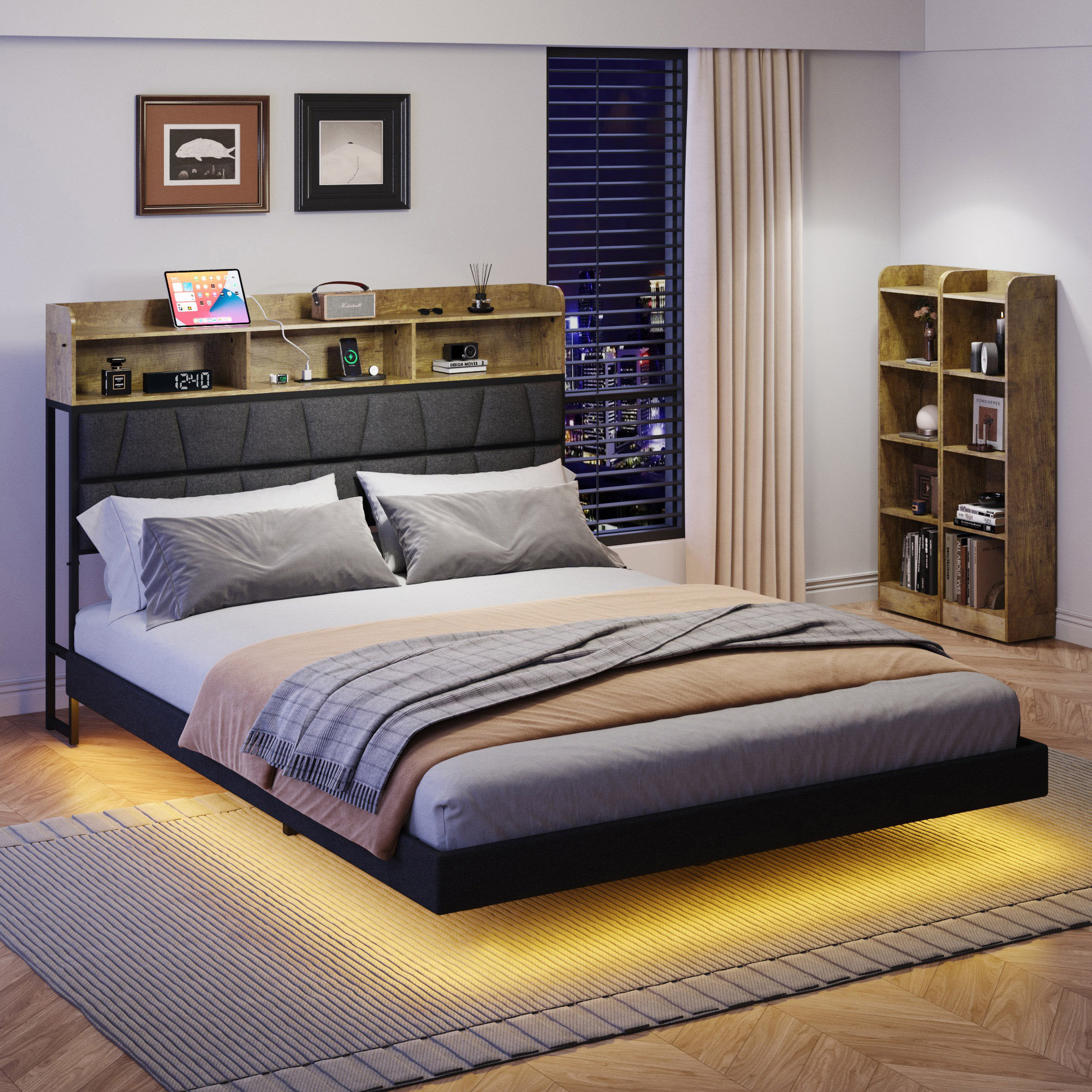 Brayden Studio® Floating Bed Frame With LED Light And Bookcase Storage ...