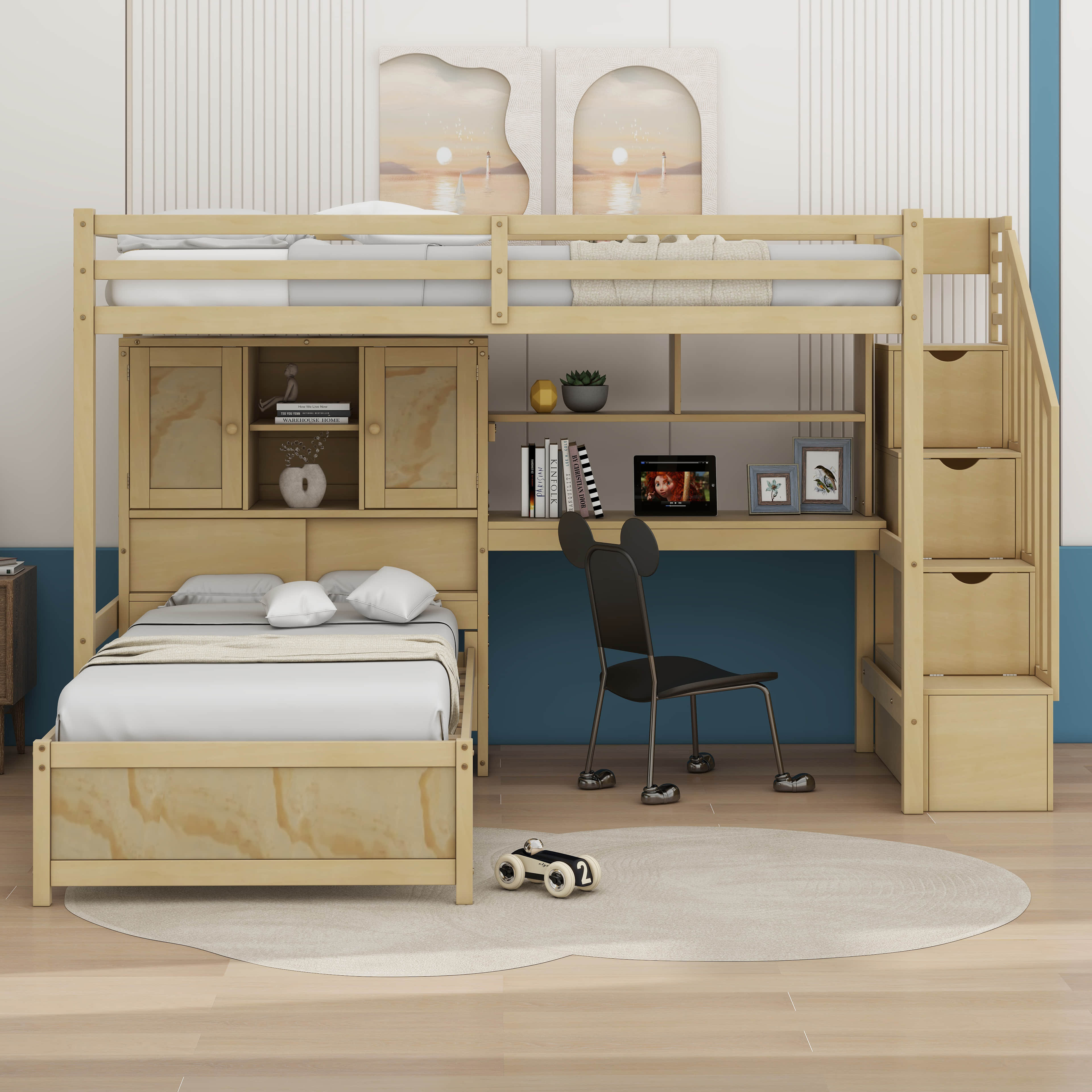 Harriet Bee Twin Over Twin Loft Bed With Built-In Desk And Staircase ...