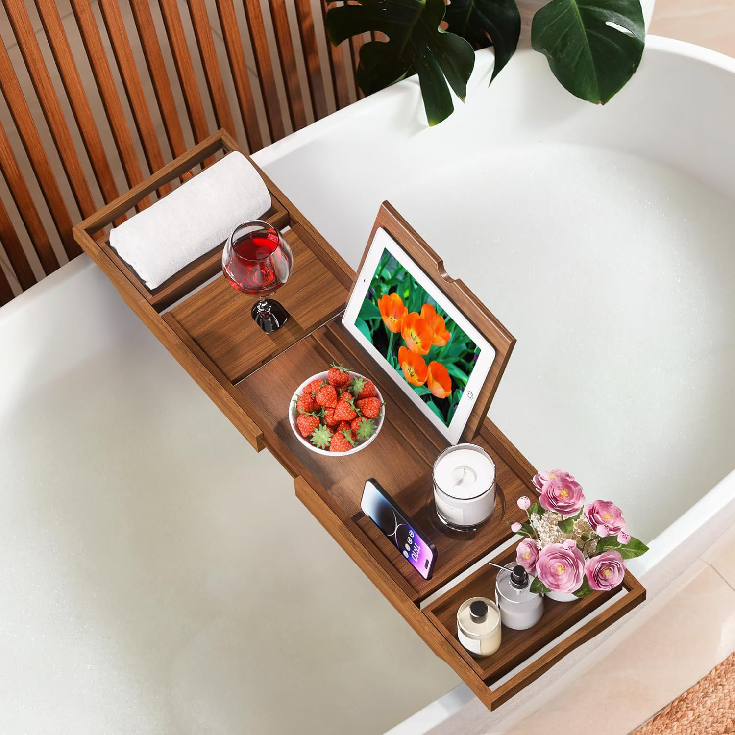 HUDSON & ASHTON LLC Modern Expandable Teak Bathtub Tray, Non-slip and ...
