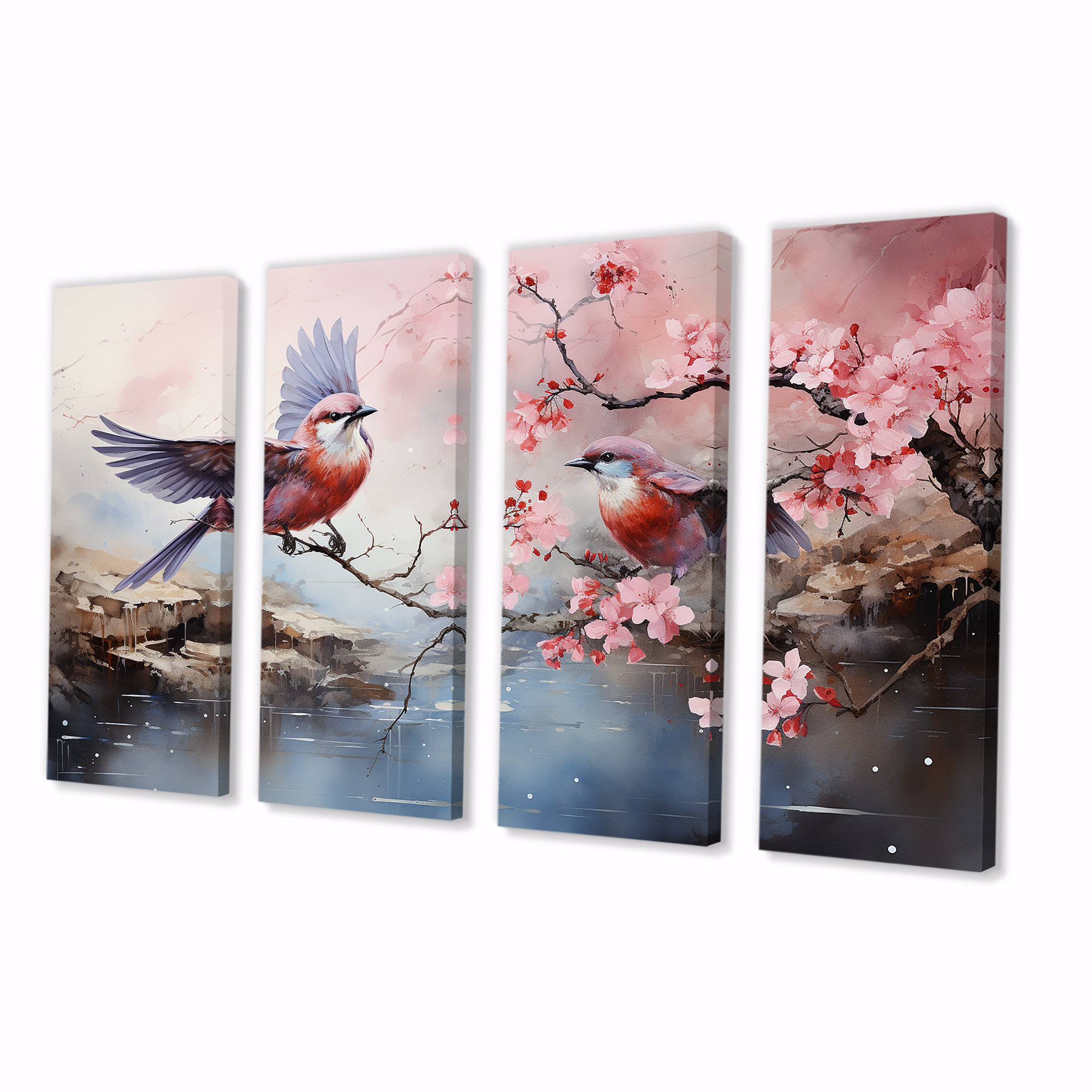 Lark Manor™ Japan Blossoming Cherry Bird Flight II - Bird Floral 4 Piece Wall Art Set | Wayfair