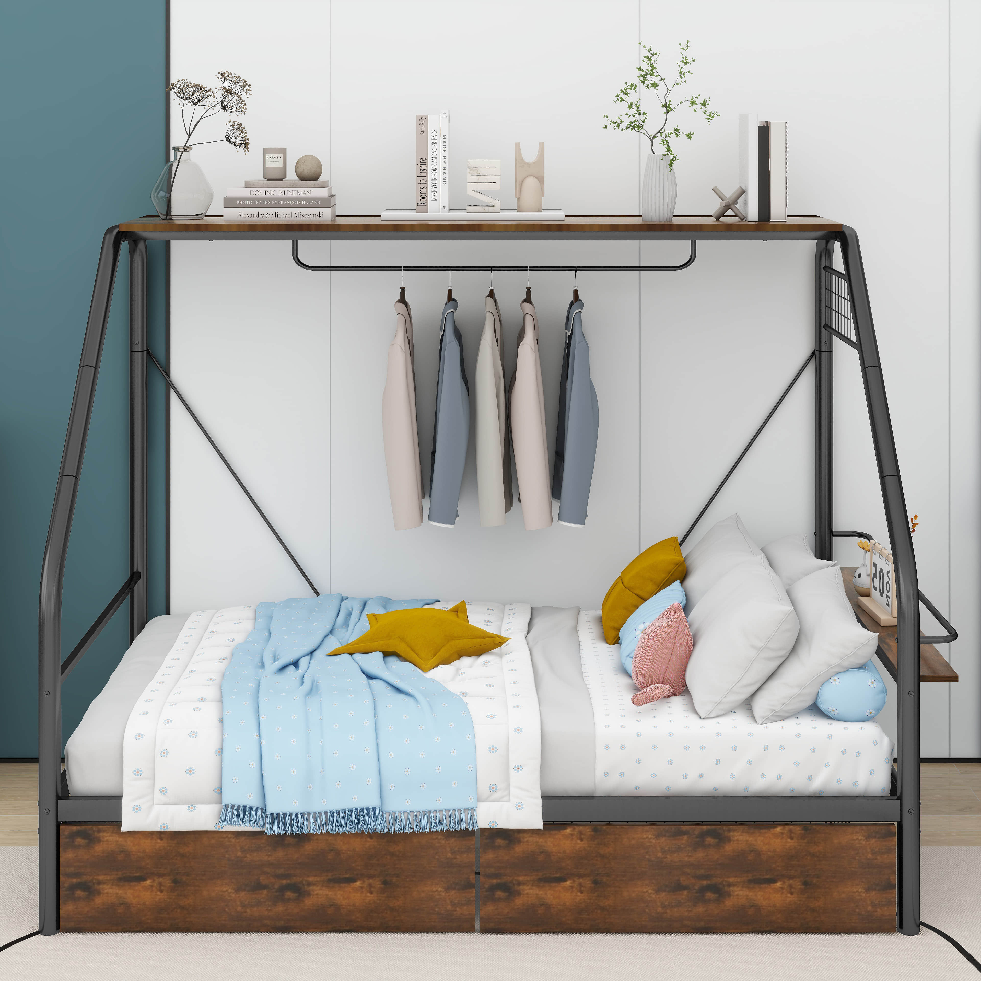 17 Stories Twin Size Metal Frame Platform Bed With Clothes Rack ...