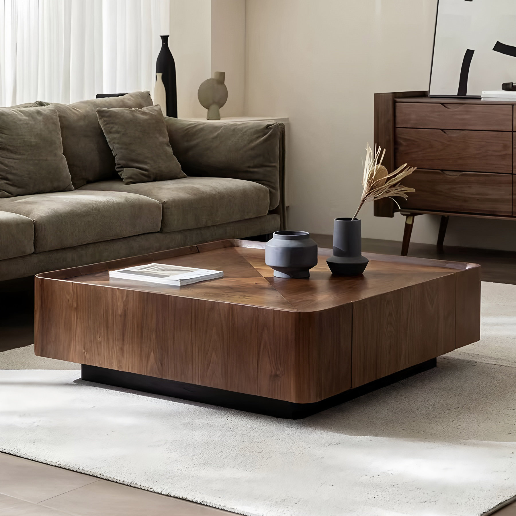 Loon Peak® High-End Square Walnut Coffee Table with Hidden Storage and ...