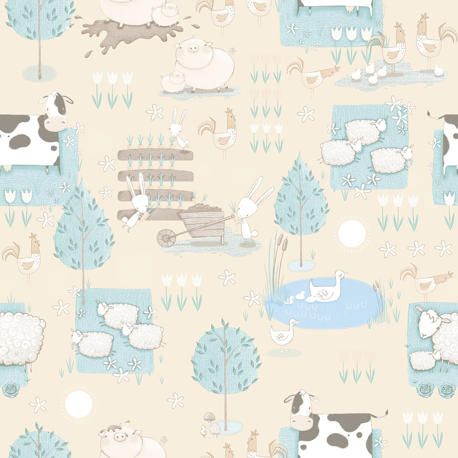 Galerie Wallcoverings Tiny Tots 2 Farmland Animals Design 33' L x 21" W ...