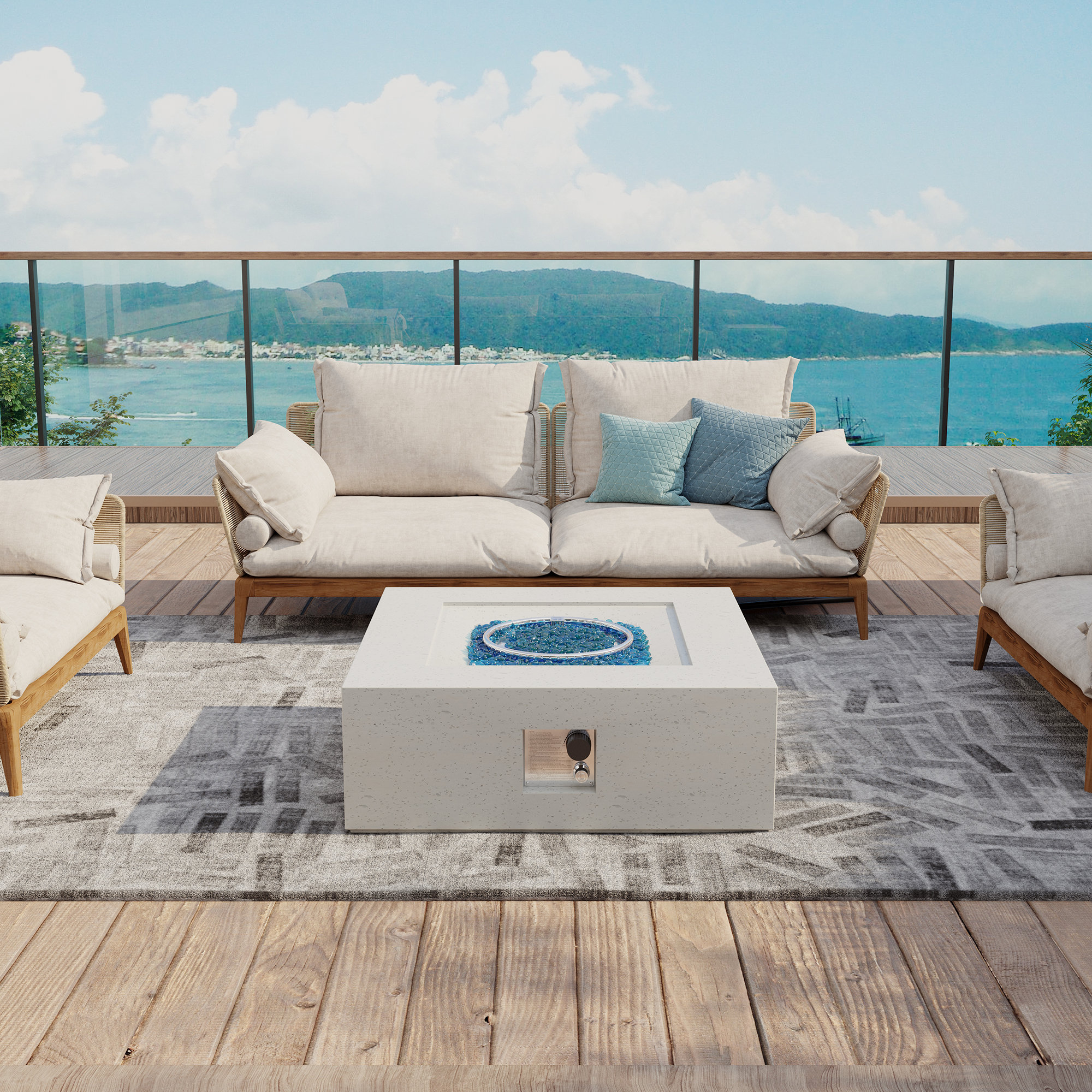 UPHA 35-Inch Square Outdoor Off-White Terrazzo Fire Pit Table with Rain ...