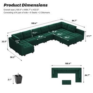 Mercer41 Soneson 12 - Piece Velvet Sectional | Wayfair