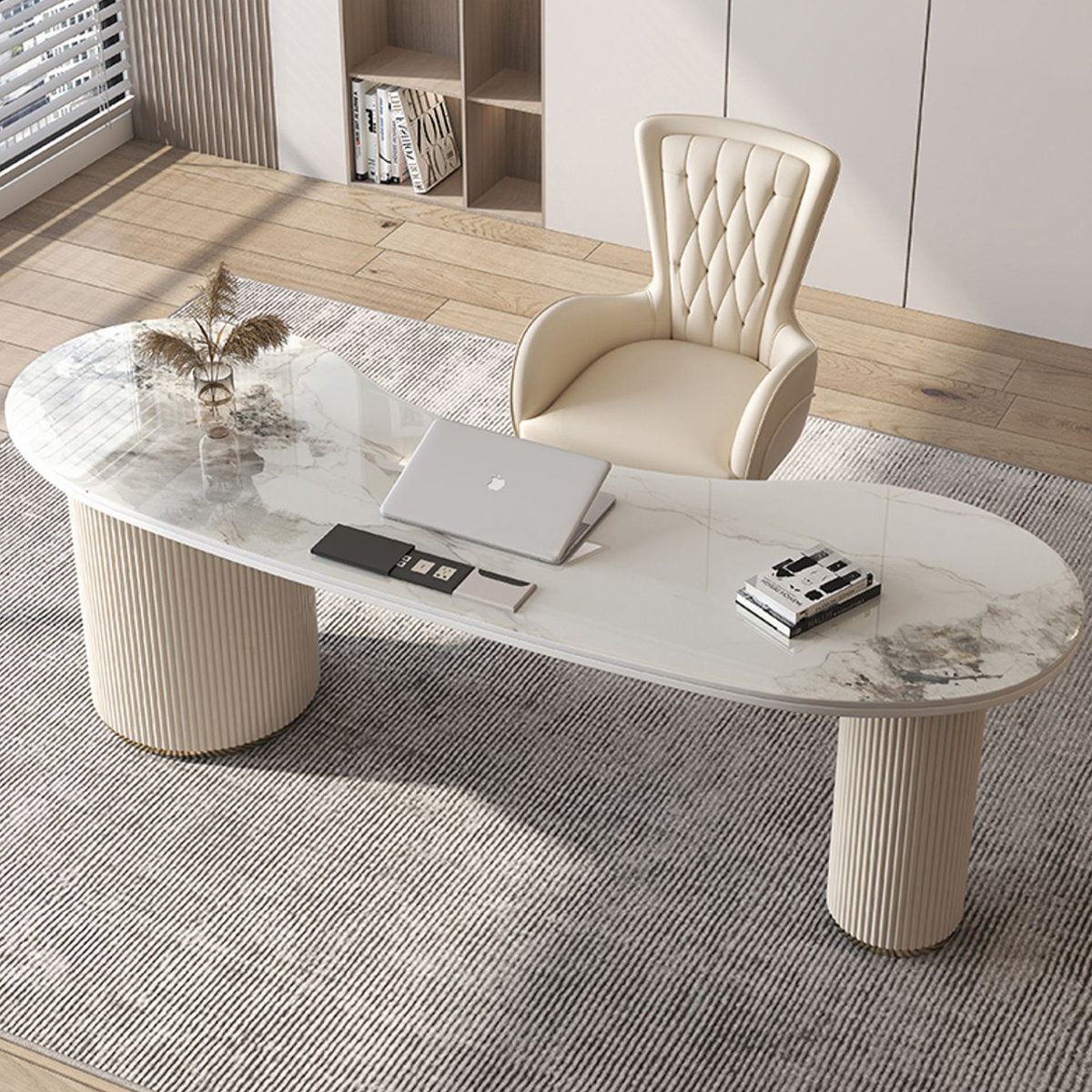 Orren Ellis A white arc-shaped rock plate desk with a keyboard stand ...