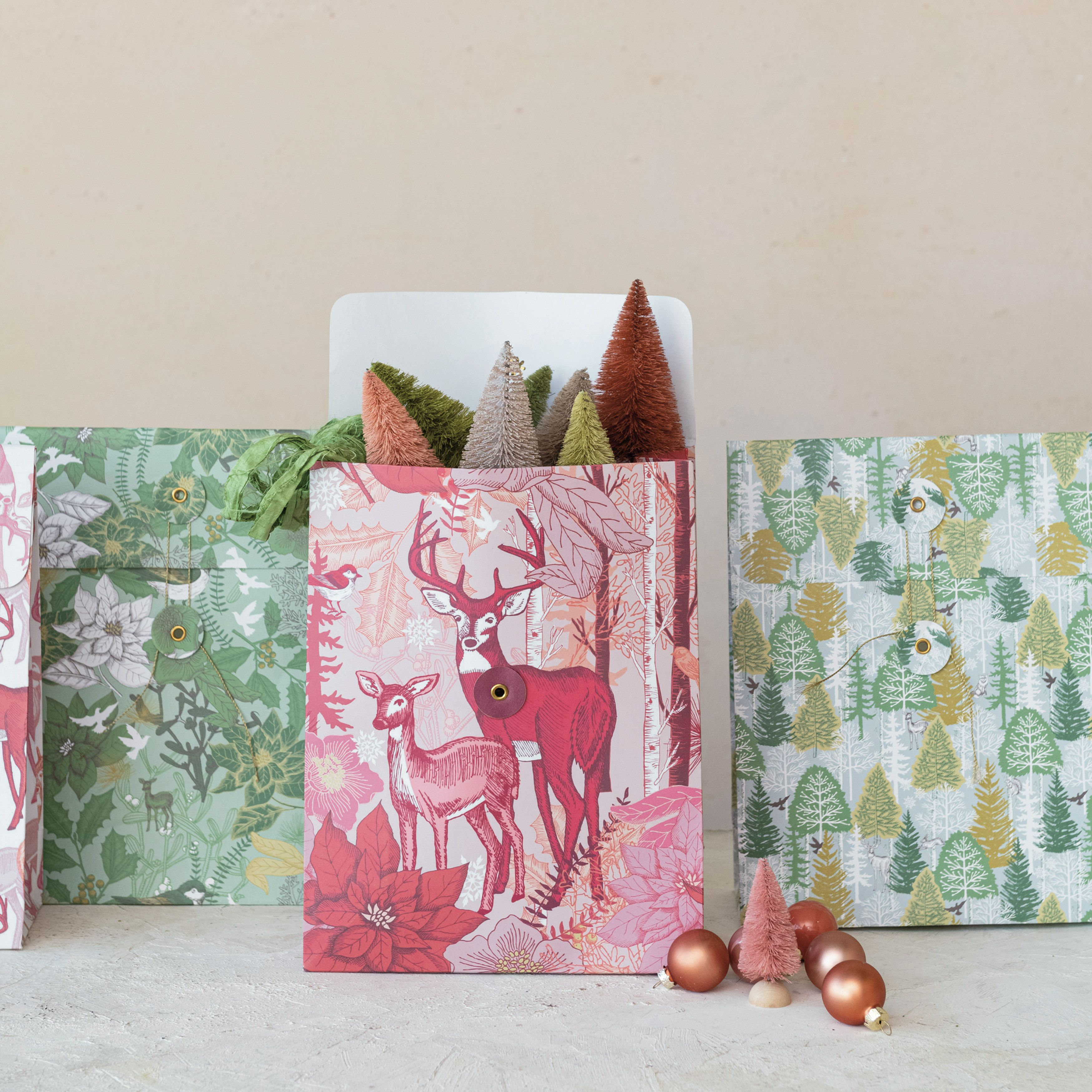 Creative Co-Op Printed Paper Gift Bag With Reindeer, Tree And Flowers ...