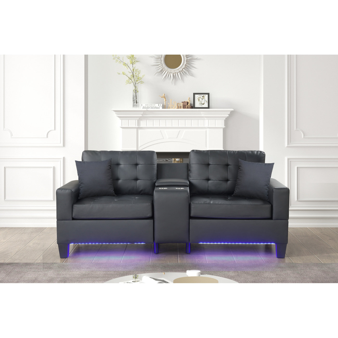 Orren Ellis Modern Sofa Genesis 85"W Black PVC Fabric Sofa With LED ...