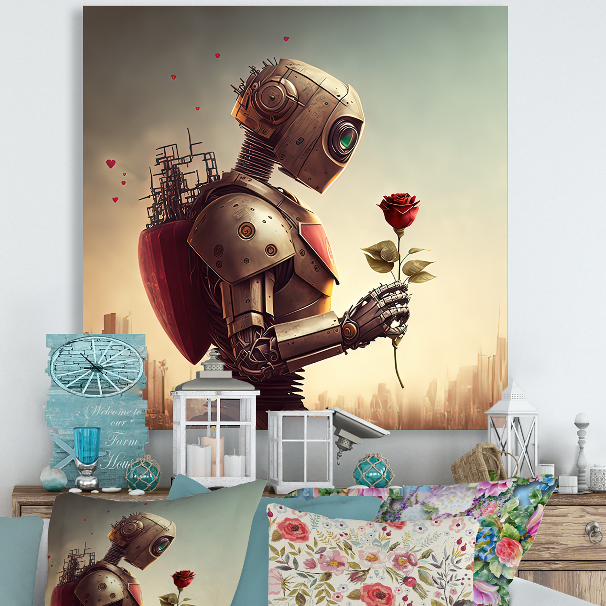 Trinx Robot in Love at Valentines Day I - Graphic Art on Canvas | Wayfair
