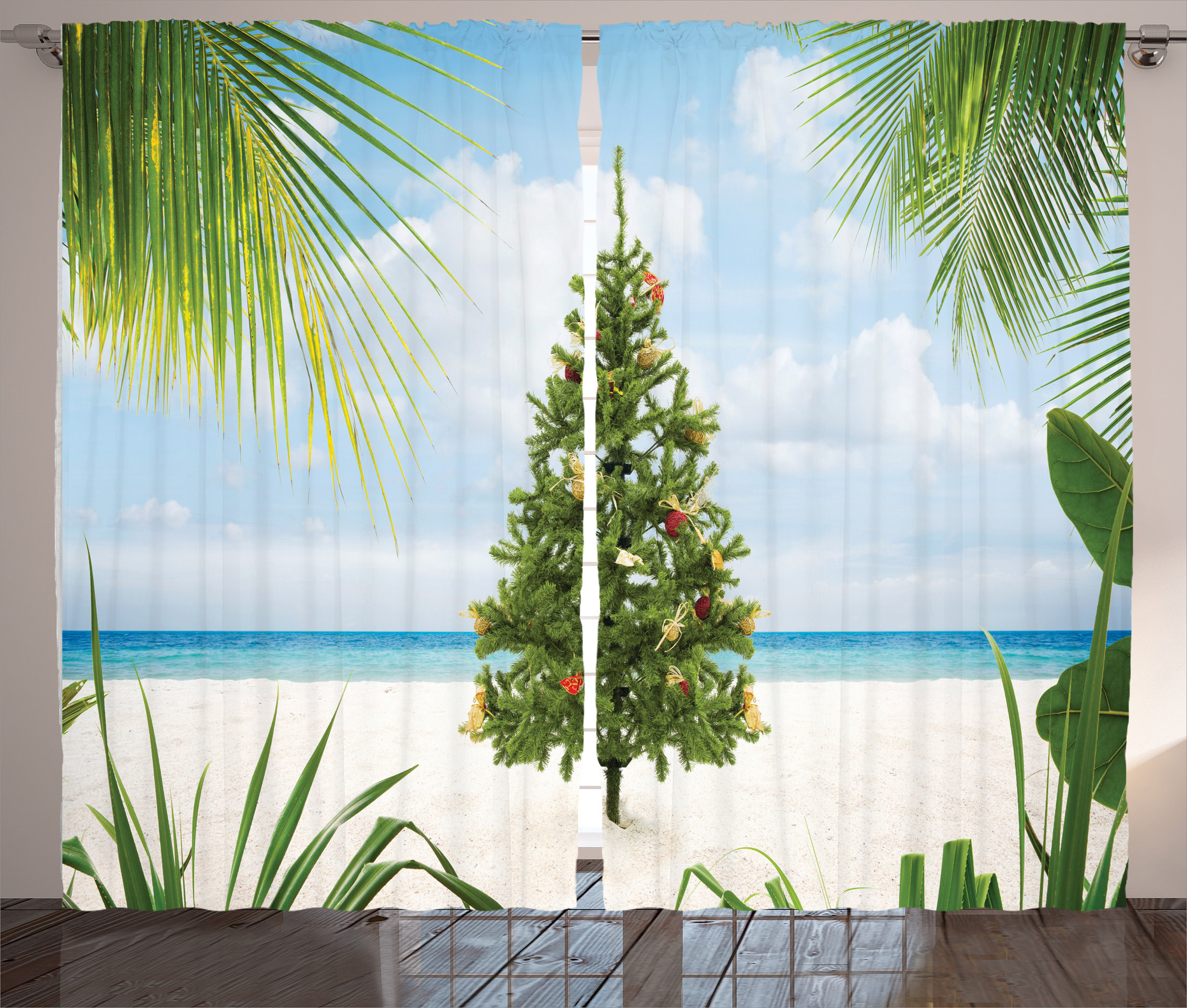 Ambesonne Tree with Tinsel and Ornaments Tropic Island Sandy Beach ...