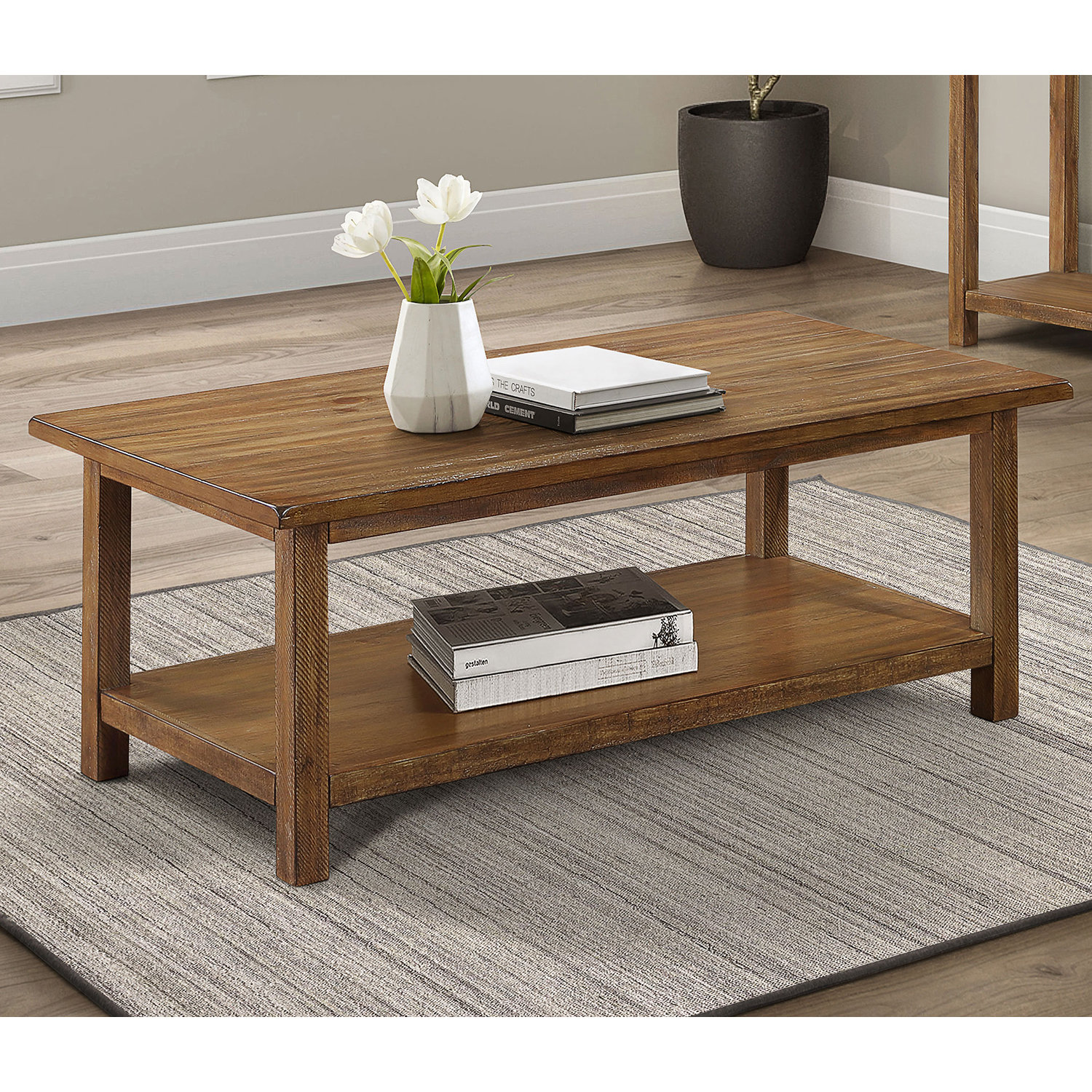 Ophelia & Co. Wooden Coffee Table With Open Bottom Shelf In Distressed ...