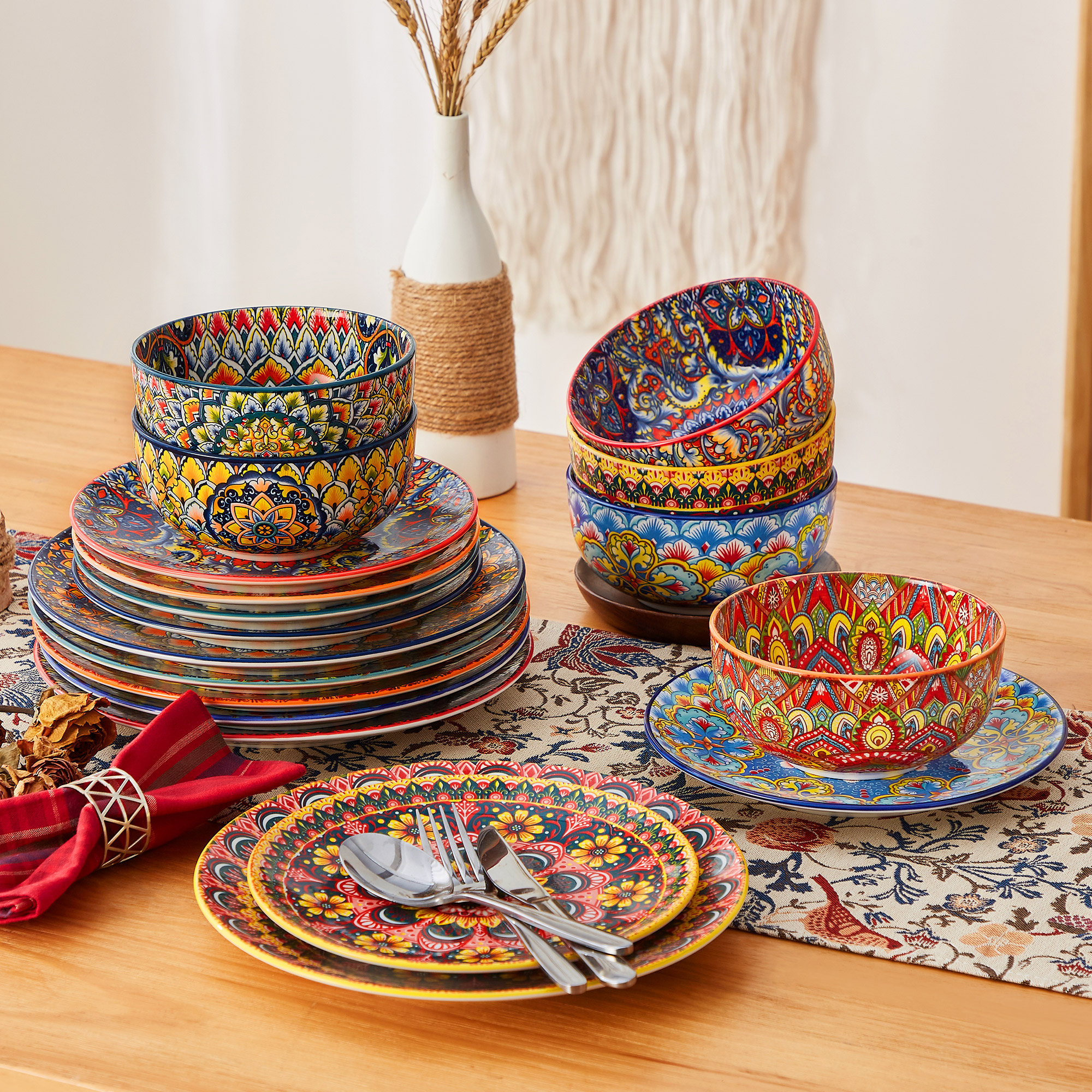 Vancasso 18 Piece Artistic Bohemian Dinnerware Set For 6,6 Unique Dual ...