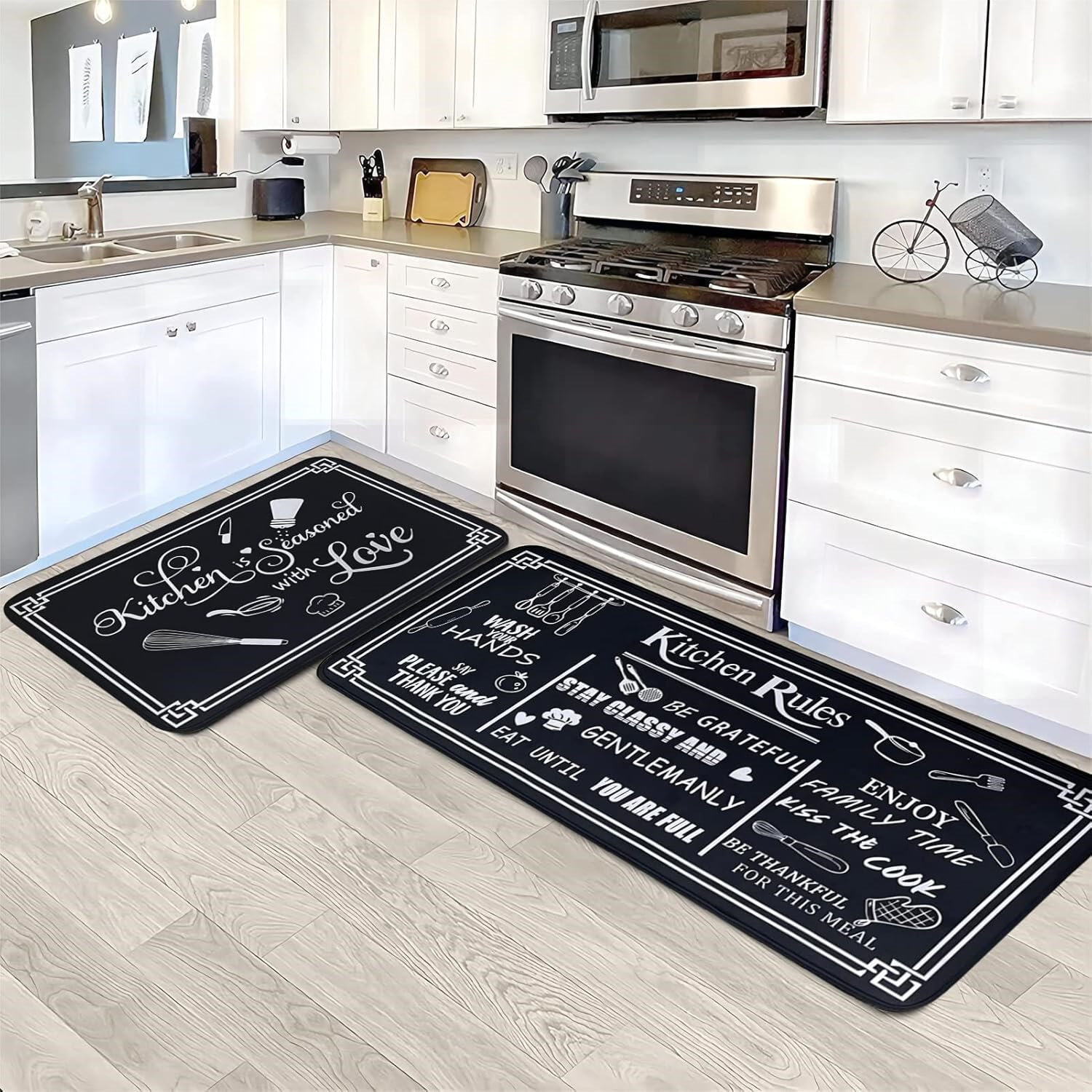August Grove® Sets Of 2 Black And White Kitchen Rugs,Non Skid Washable ...