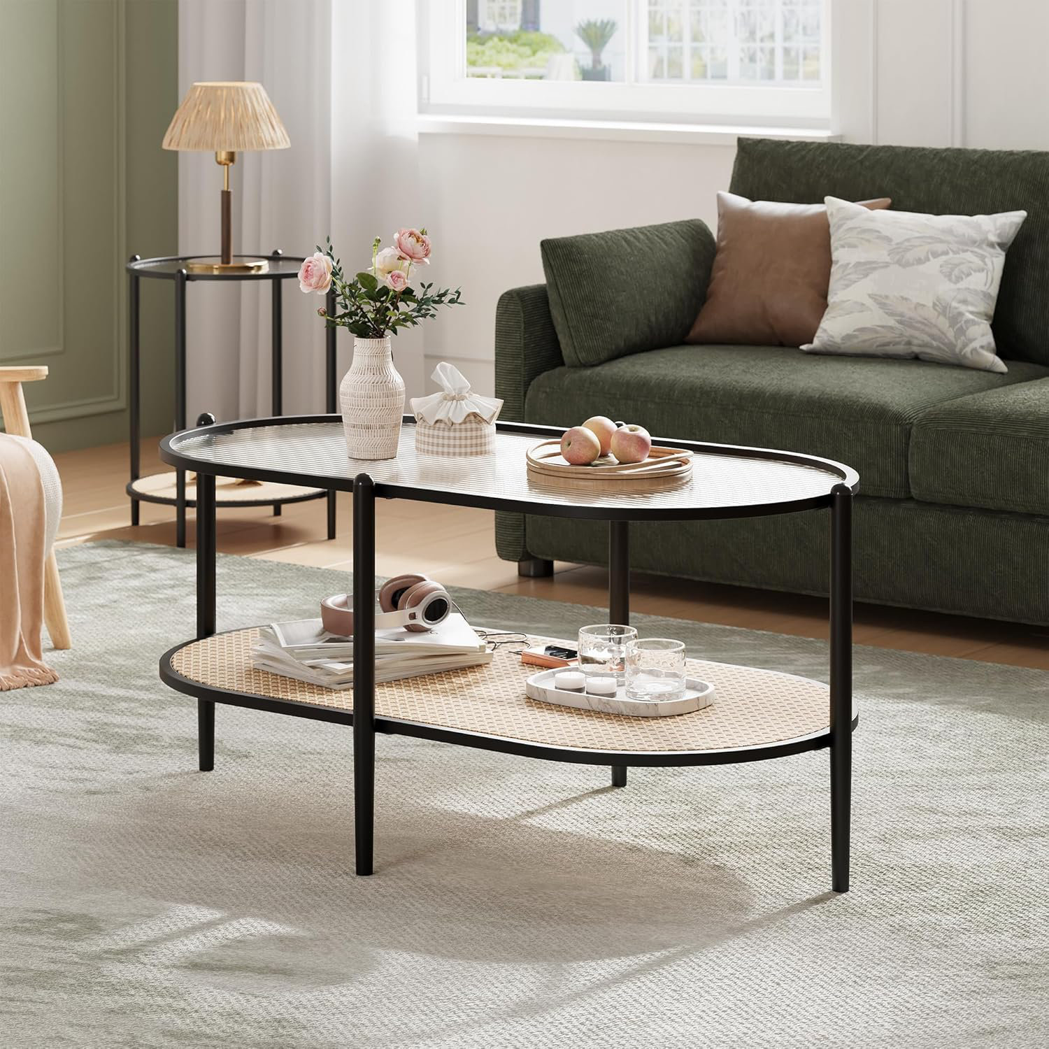 Borough Wharf Modern Farmhouse Oval Coffee Table with 2-Tier Storage ...