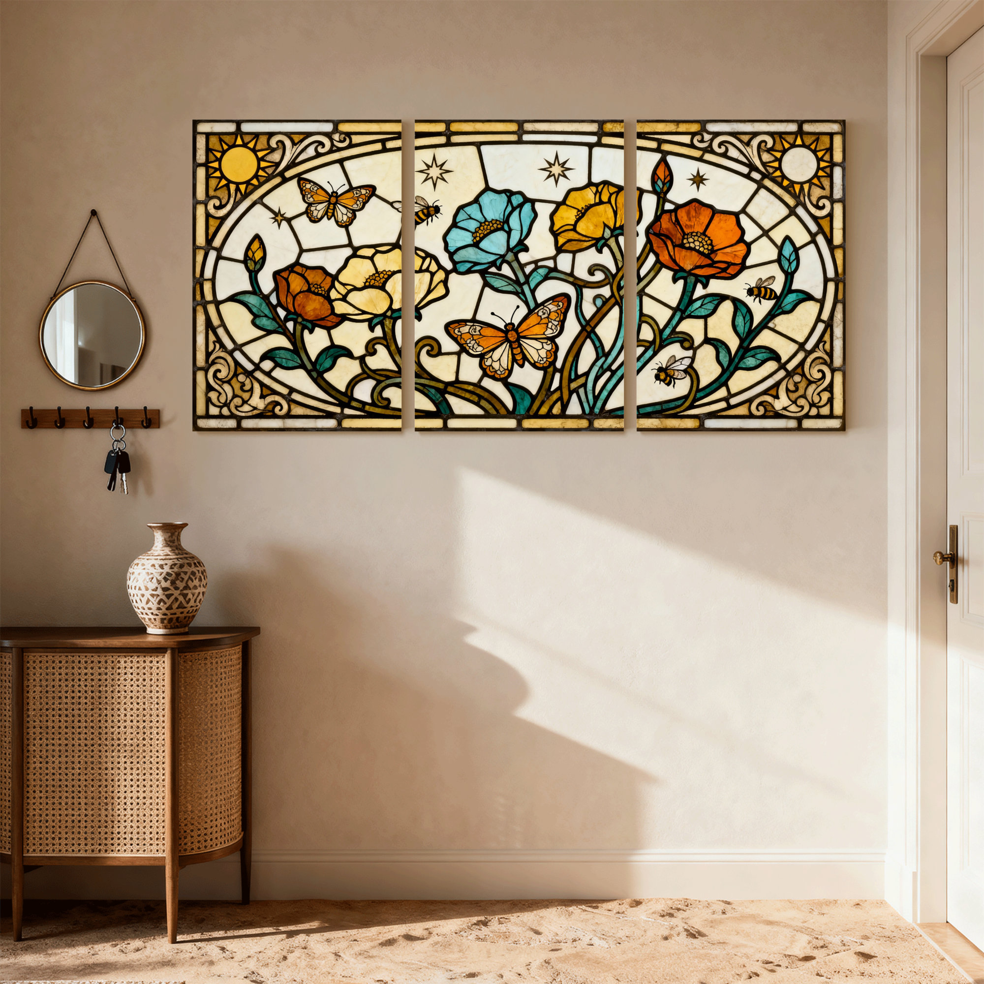 Astoria Grand Stained Glass Floral and Butterfly Set of 3 Canvas Wall ...