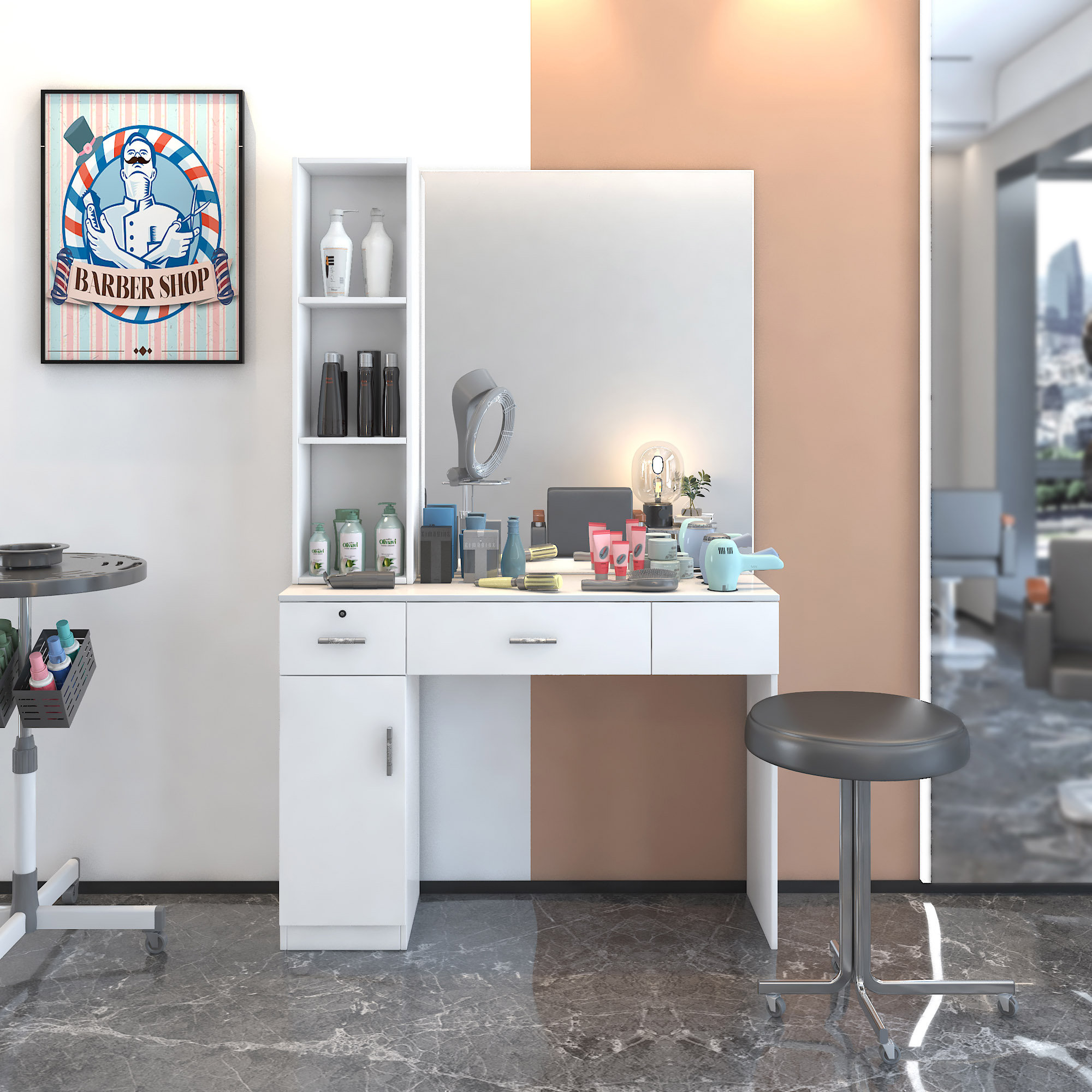 Ebern Designs Large Vanity Makeup Desk with Salon Station Barber and ...