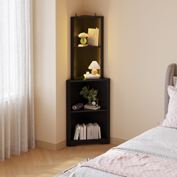 Ebern Designs Black Corner BookShelf with USB Ports and LED Lightline ...