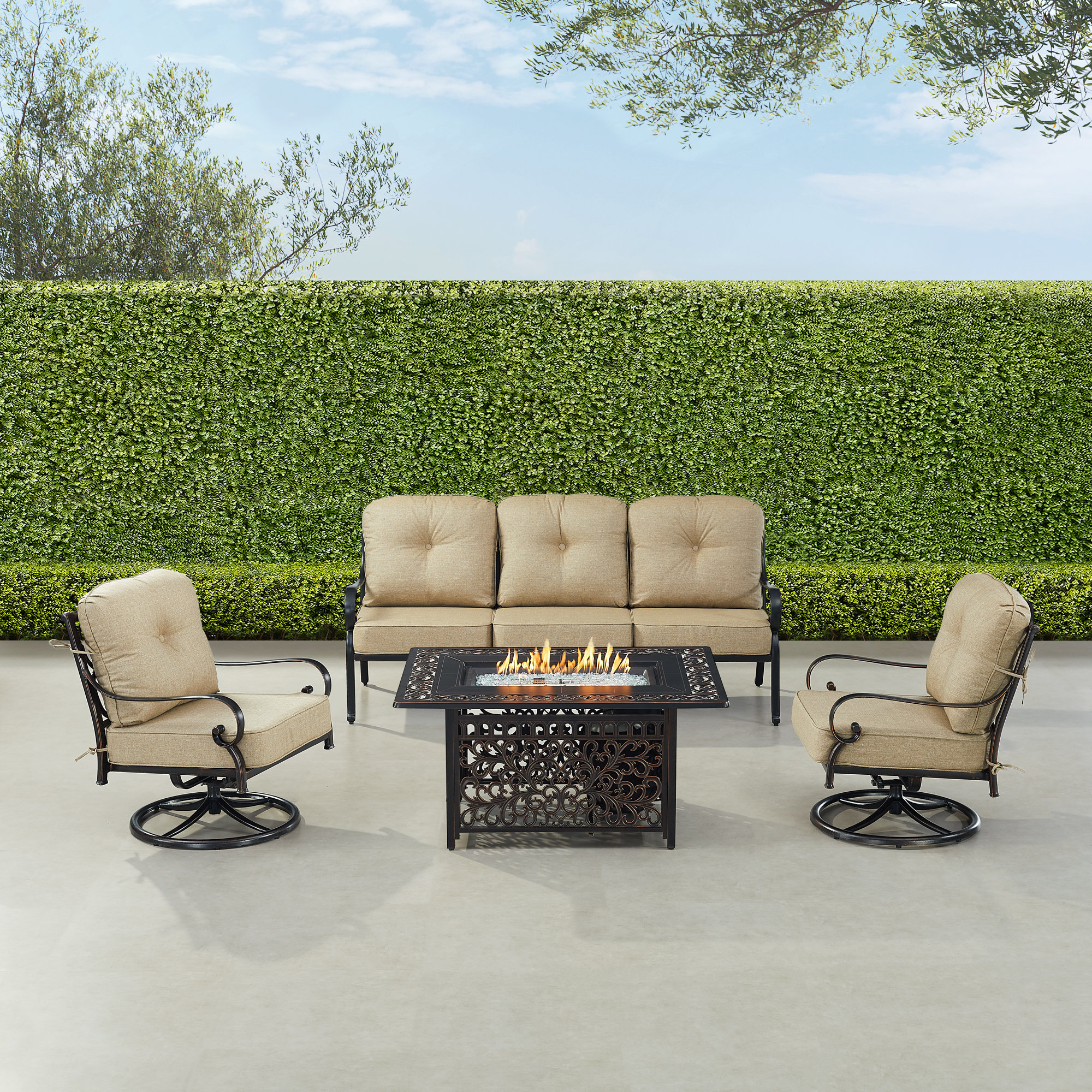 Oakland Living Black Aluminum Fire Table Set with Sofa and Two Club ...